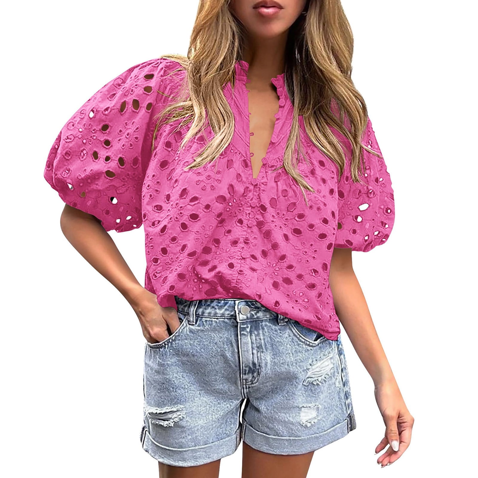 Knosfe Women's Summer Tops Dressy Casual Short Lantern Sleeve V Neck ...