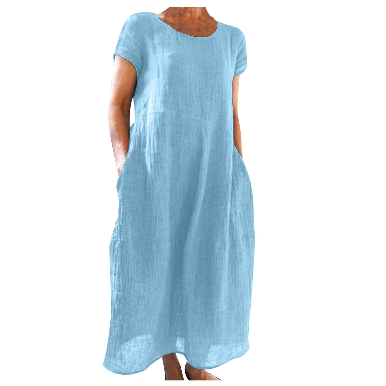 Knosfe Womens Bohemian Dresses Flowy Cotton Linen Short Sleeve Maxi ...