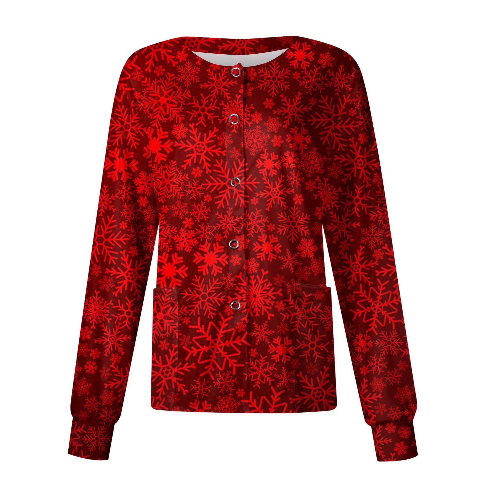 Knosfe Womens Christmas Scrub Top Button Down Crew Neck Long Sleeve