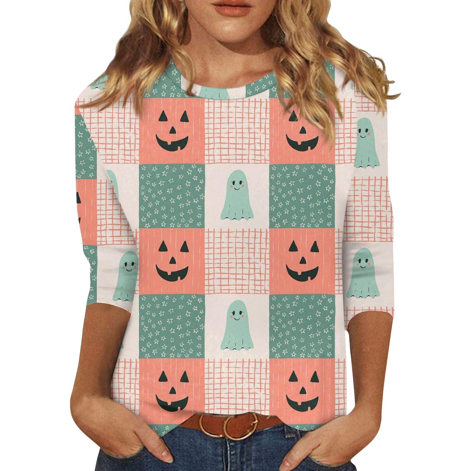 Knosfe Womens Halloween Shirts Plus Size Scary Spider Crew Neck 3/4 ...