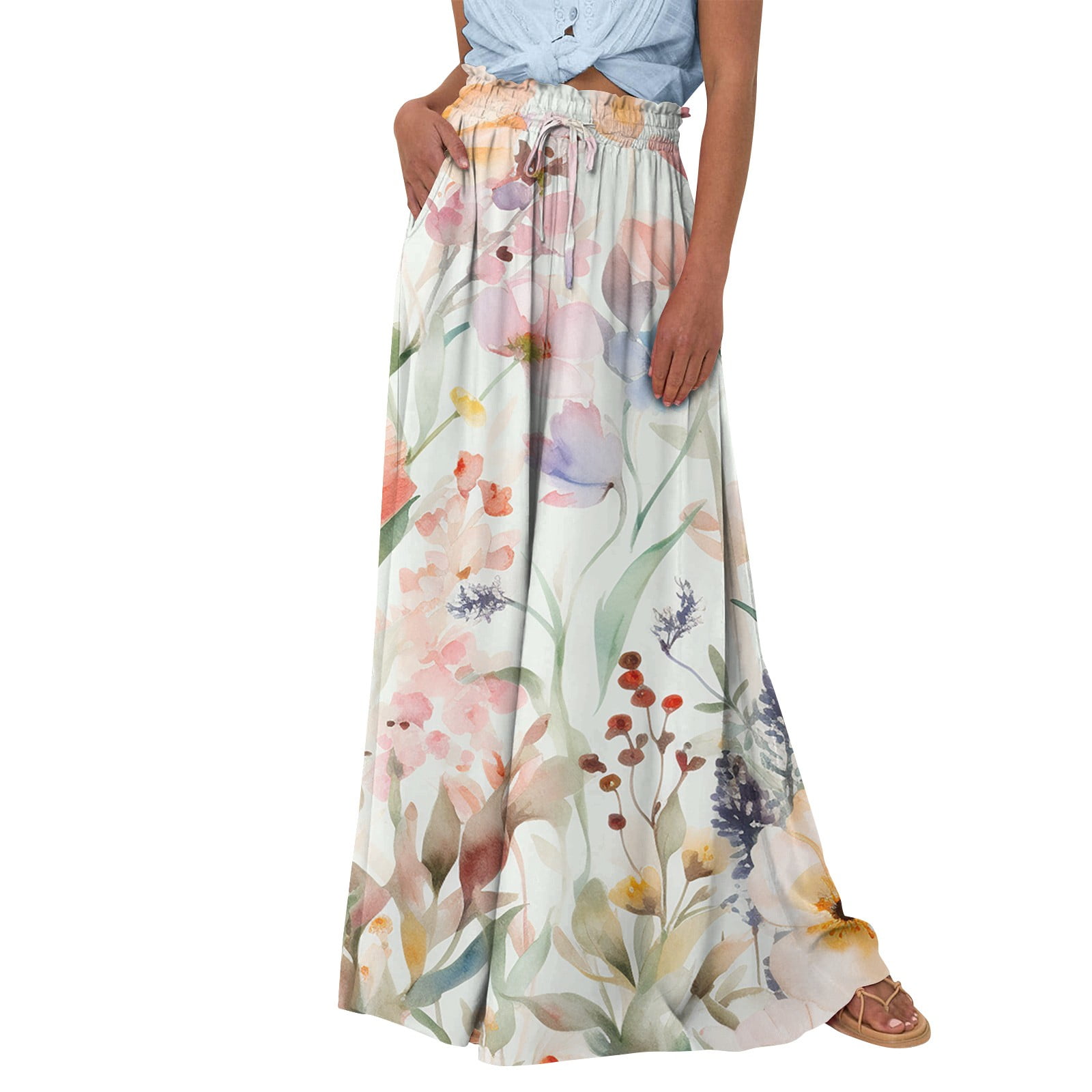 Knosfe Womens Palazzo Pants With Pockets Floral Boho Summer Drawstring