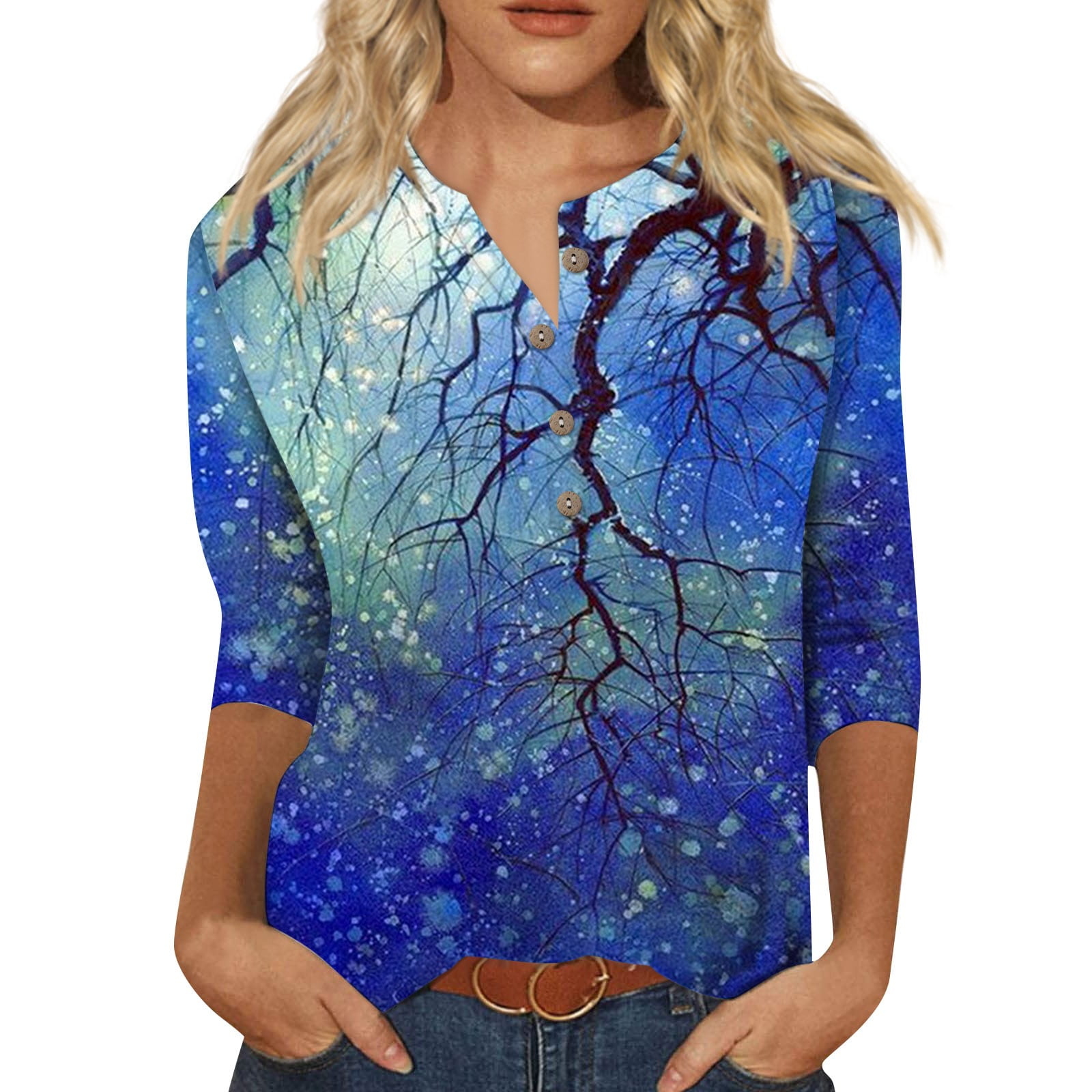 Knosfe Workout Shirt Women Henley Neck 3/4 Sleeve Button Down Basic ...
