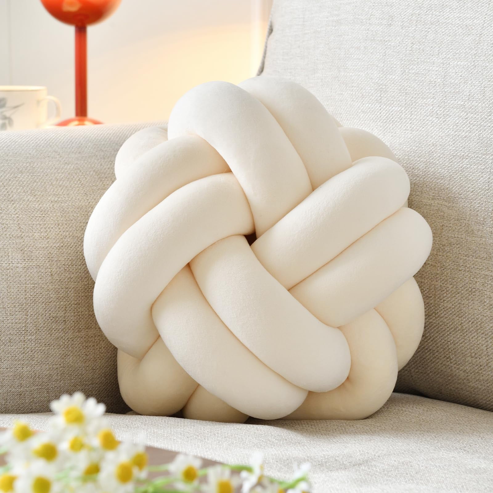 Knot Ball Pillow, Round Decorative Throw Pillows Cushion, 11 Inch Beige ...