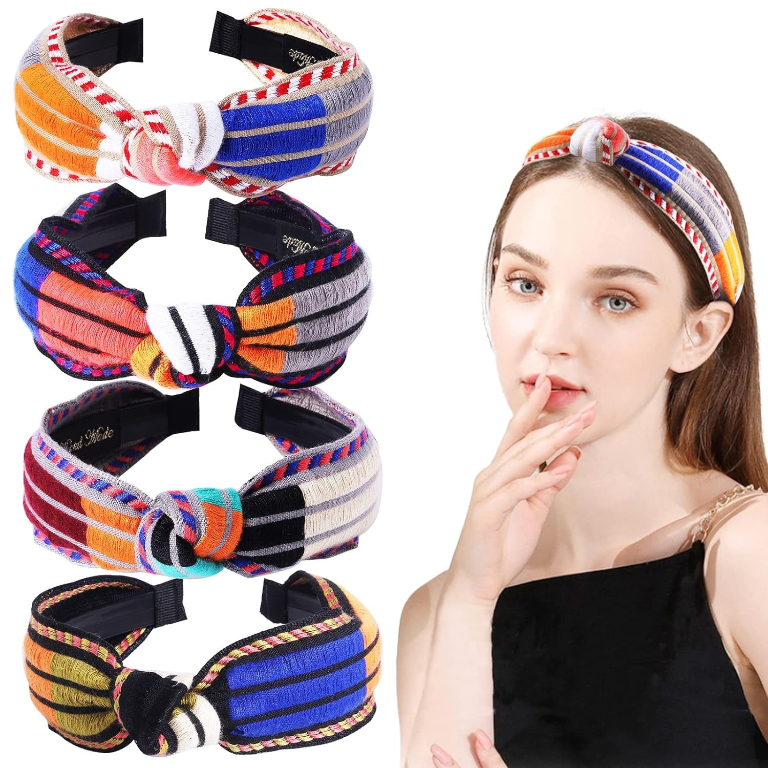 Knotted Boho Headbands for Women Girls, Embroidery Top Knot Wide Head ...