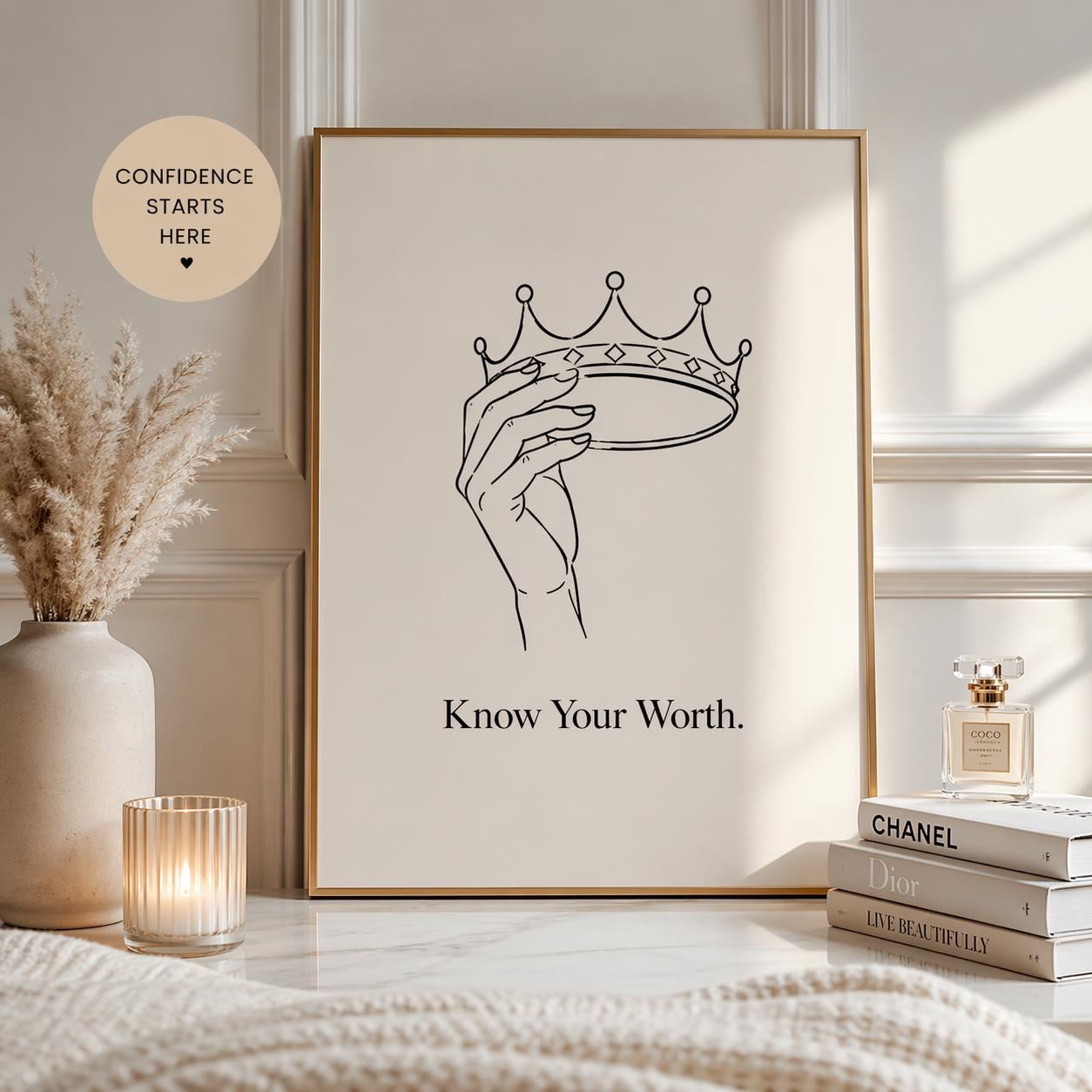Know Your Worth Print, Inspirational Feminine Wall Art, Crown Line ...