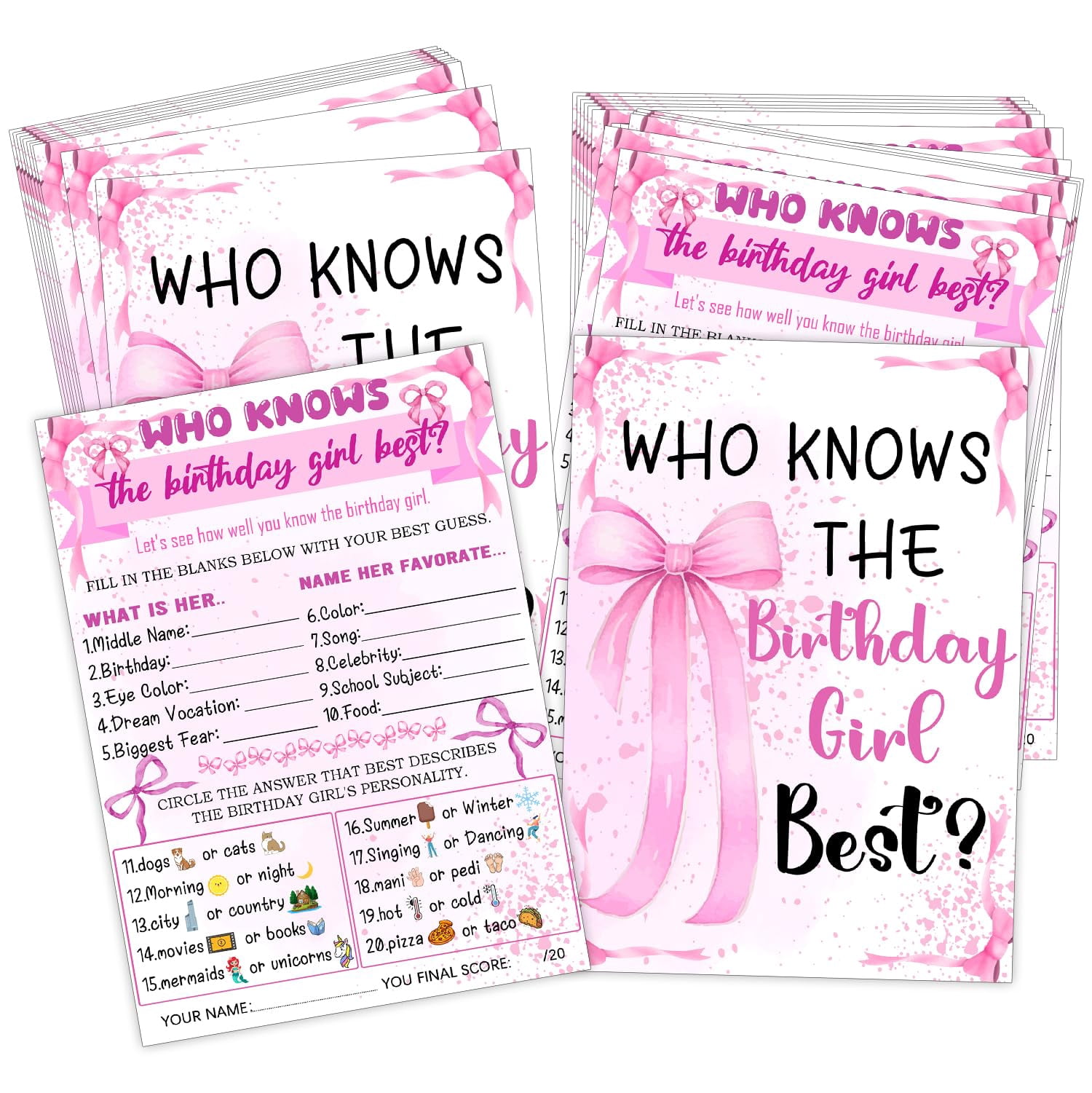 Who Knows The Birthday Best - Pink Birthday Party Games Card Set of 20 ...