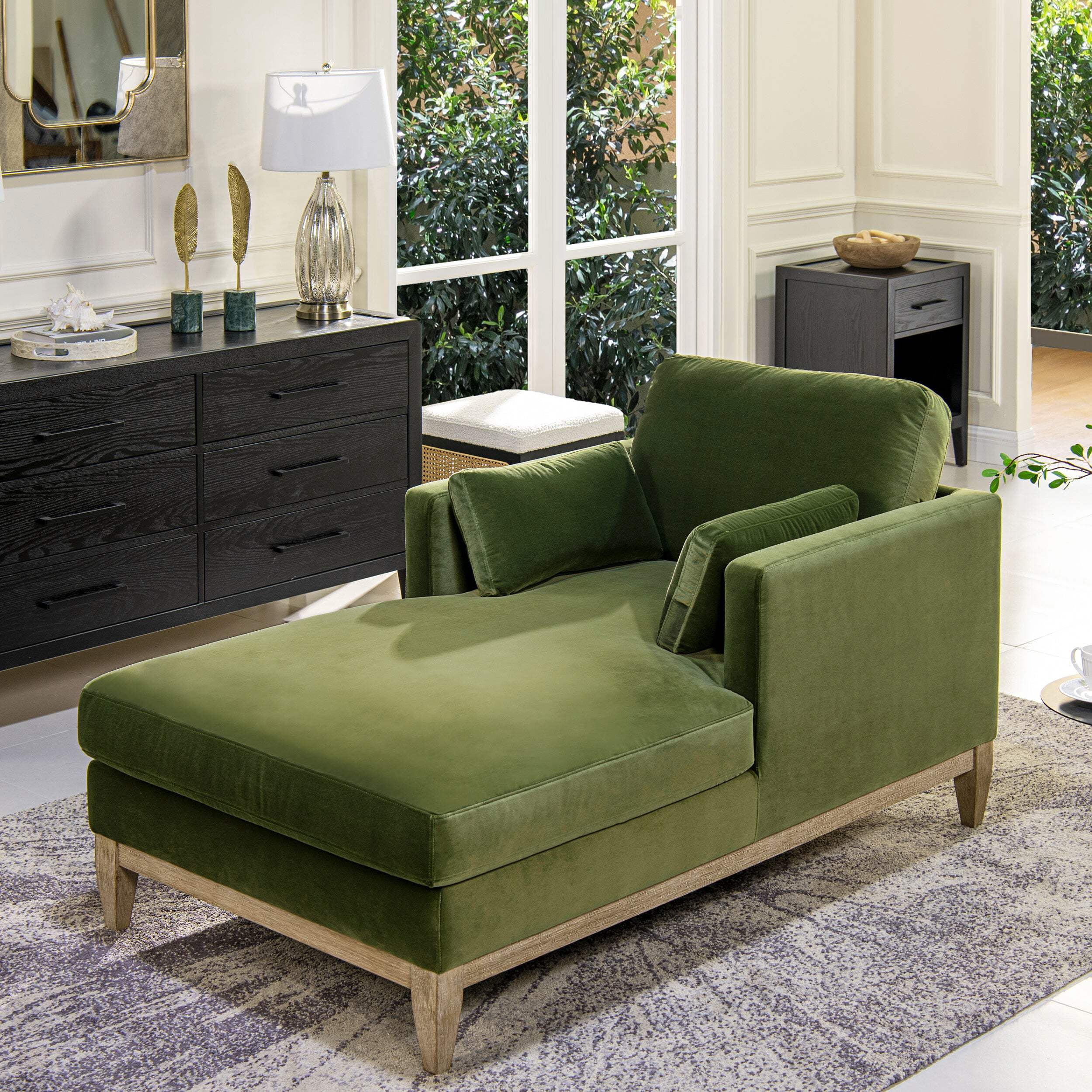 Knox 65" Modern Farmhouse Chaise Lounge Chair, Olive Green Performance ...