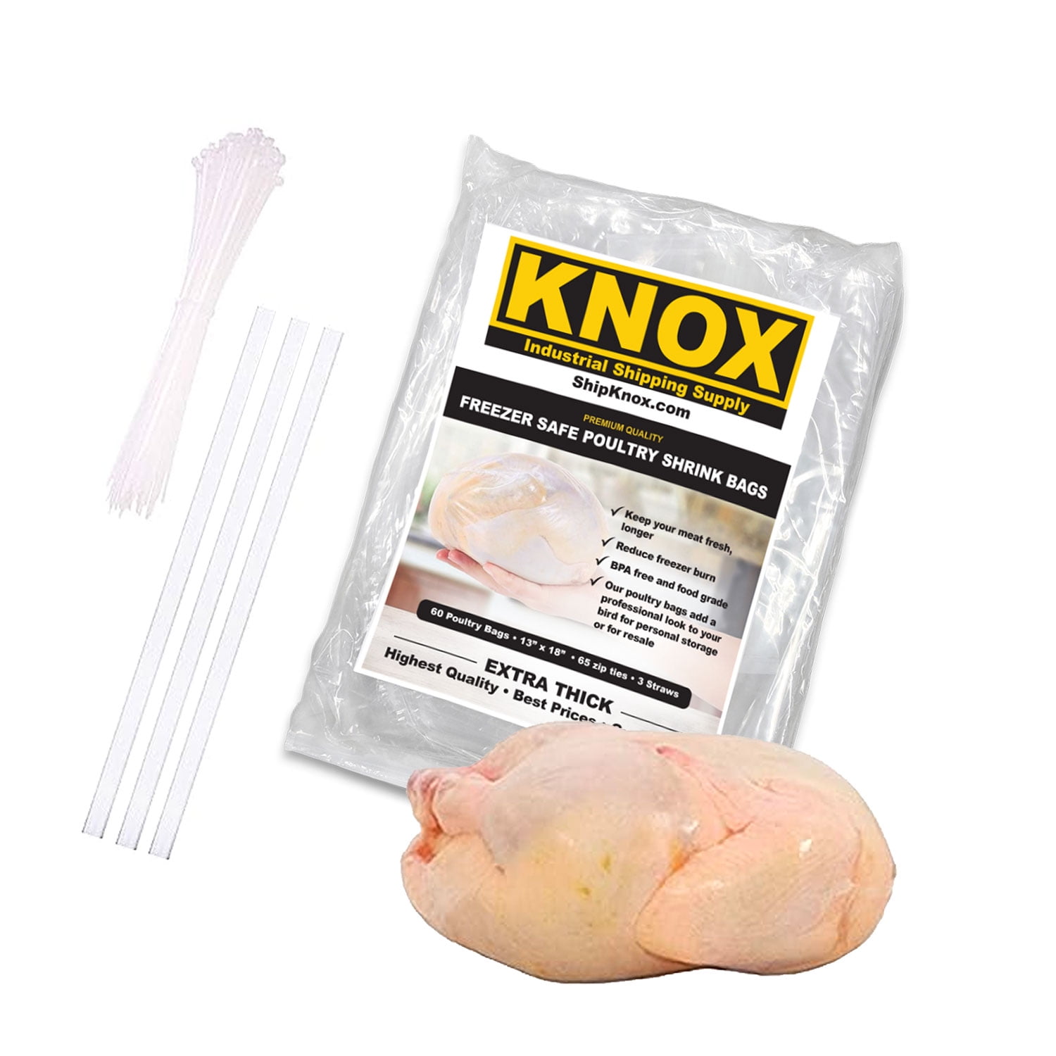 Knox Brand Poultry Shrink Bags - 60 Pack, 13" X 18" Bag, Zip Ties and ...