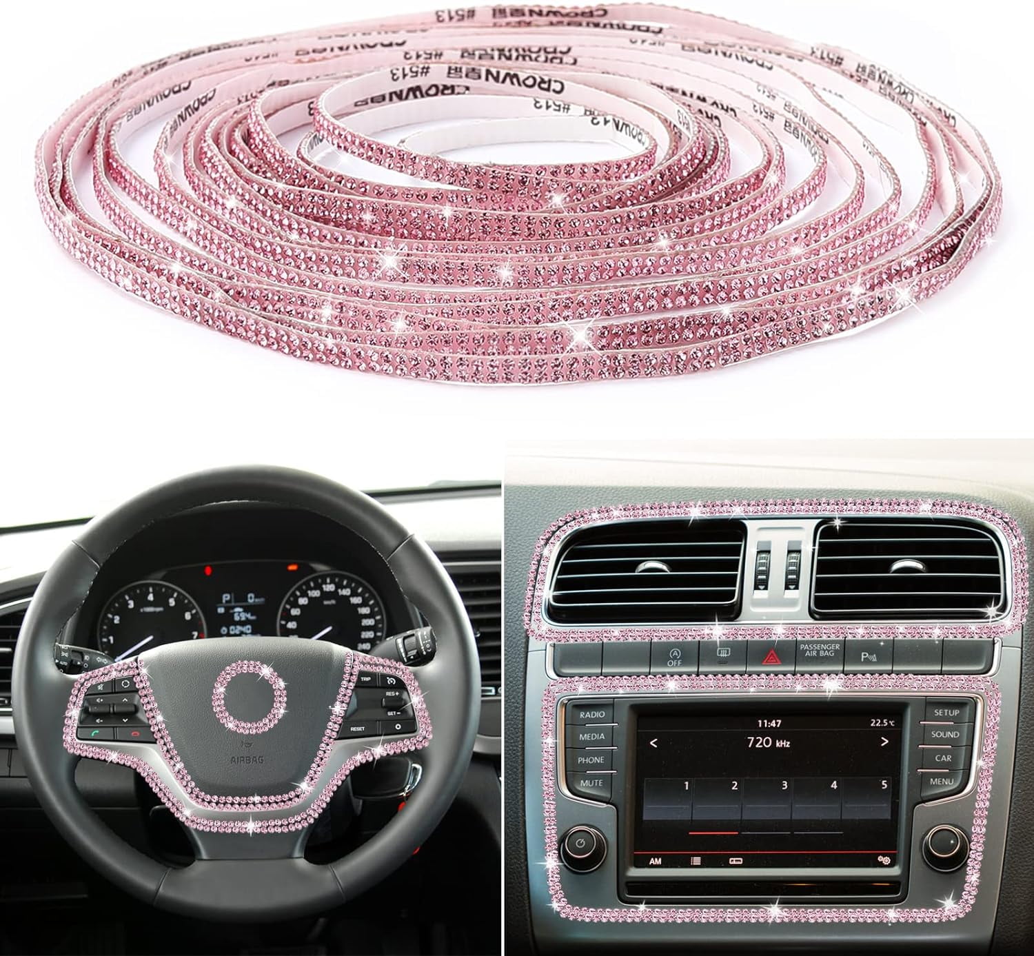knpot Car Dashboard Interior Accessories Pink 16.4 ft Rhinestone ...