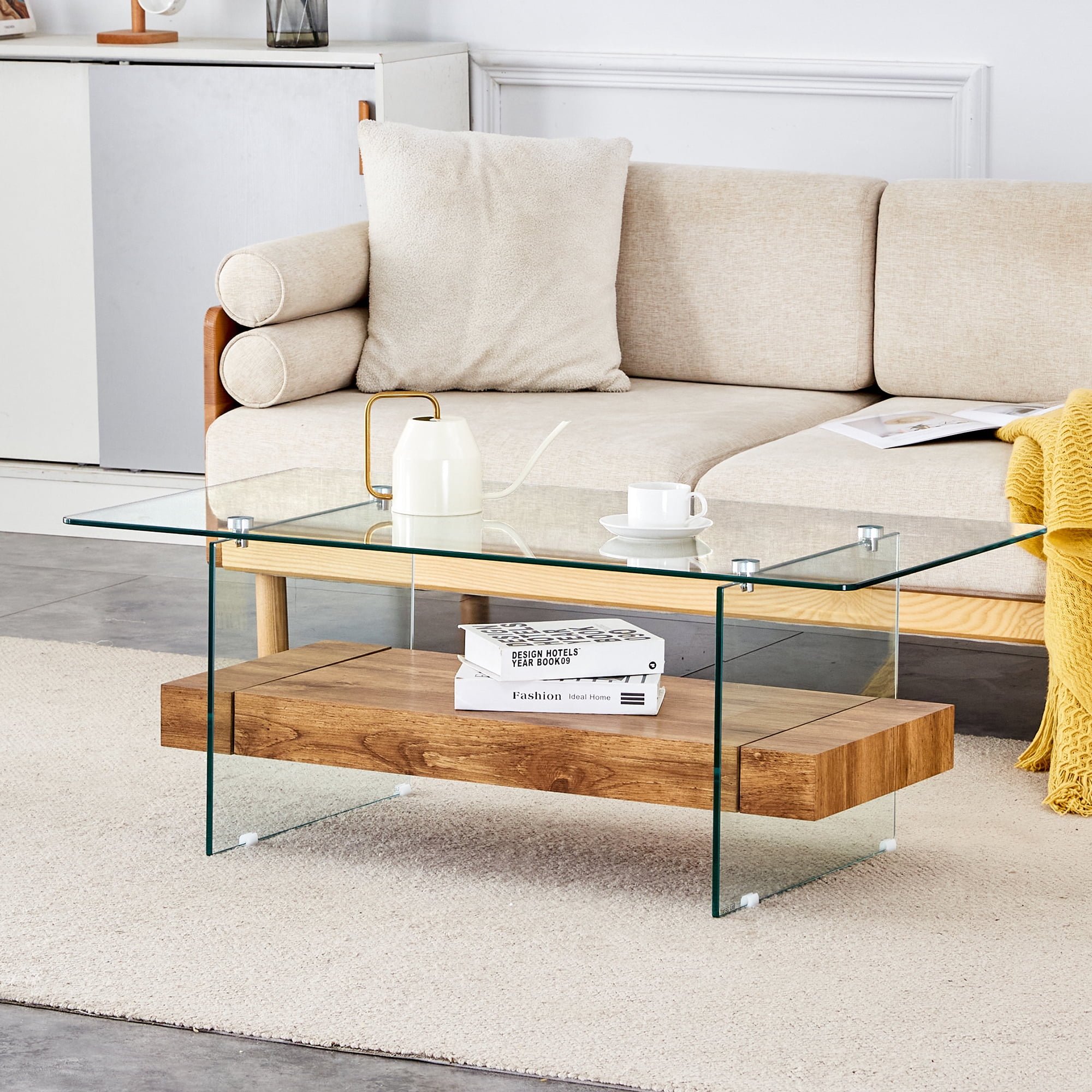 Knubmt 2 Tier Rectangle Coffee Table with Tempered Glass Top and Base, 43.3 Inch Center Table ...