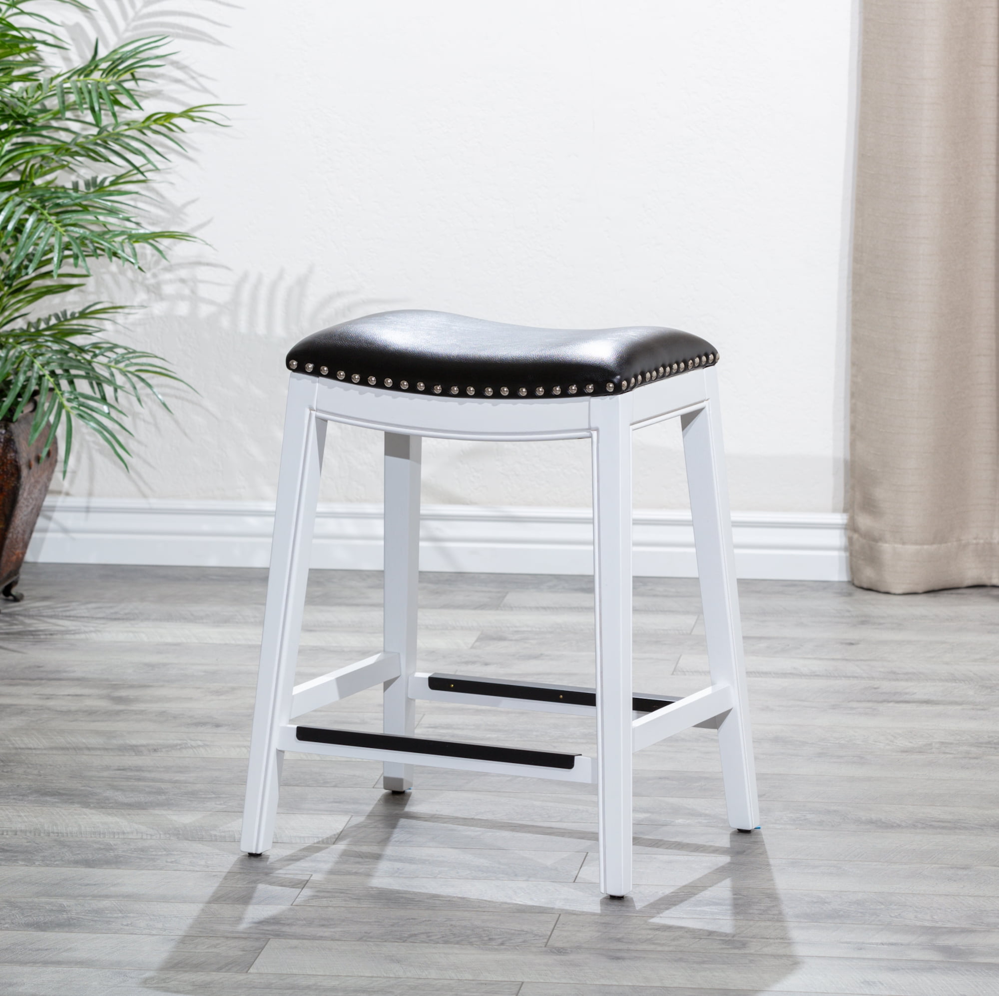 Knubmt 24" Backless Bar Stool with Wood Frame, Black Leather Seat ...