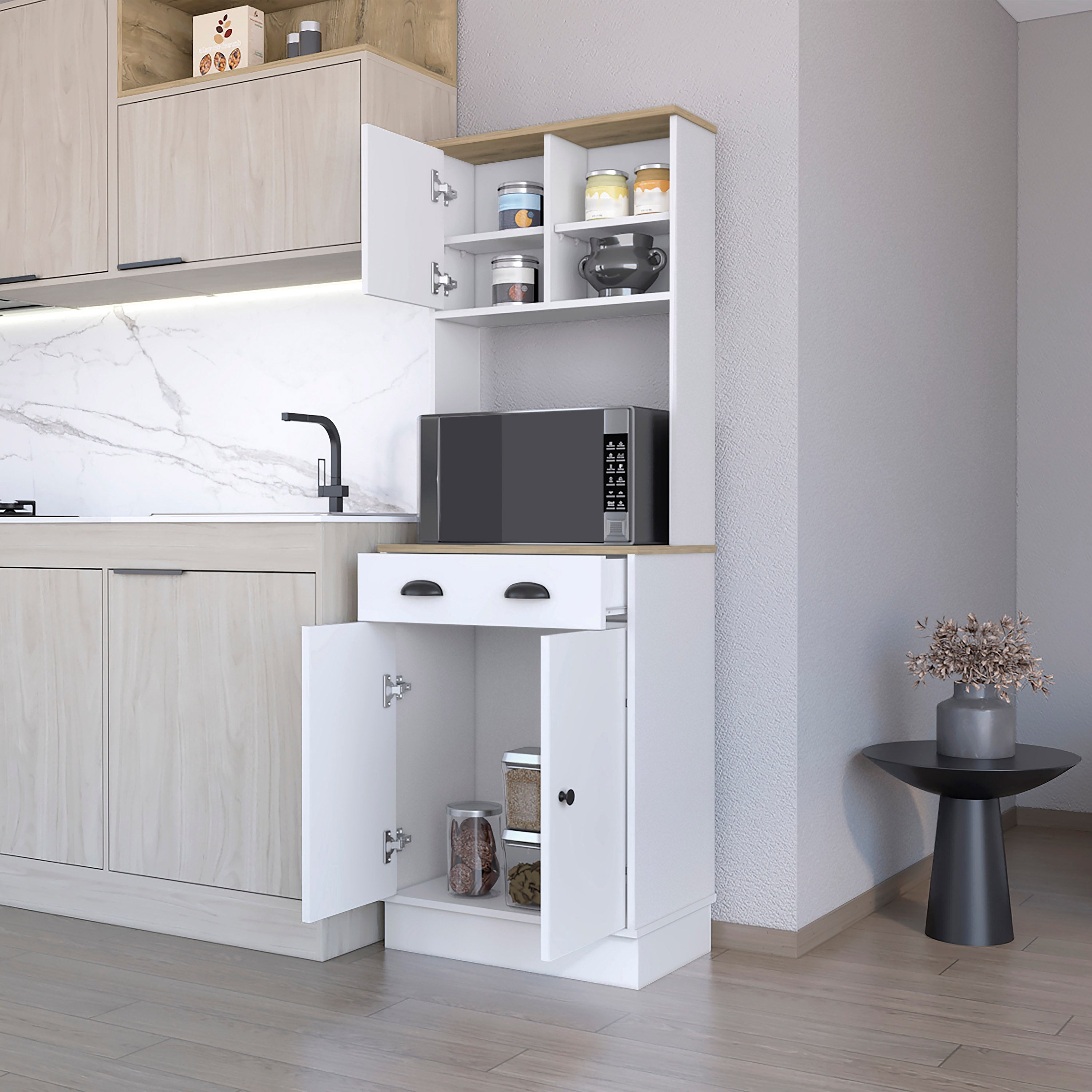 Knubmt 3 Doors Kitchen Microwave Cabinet with Shelf and Drawer and ...