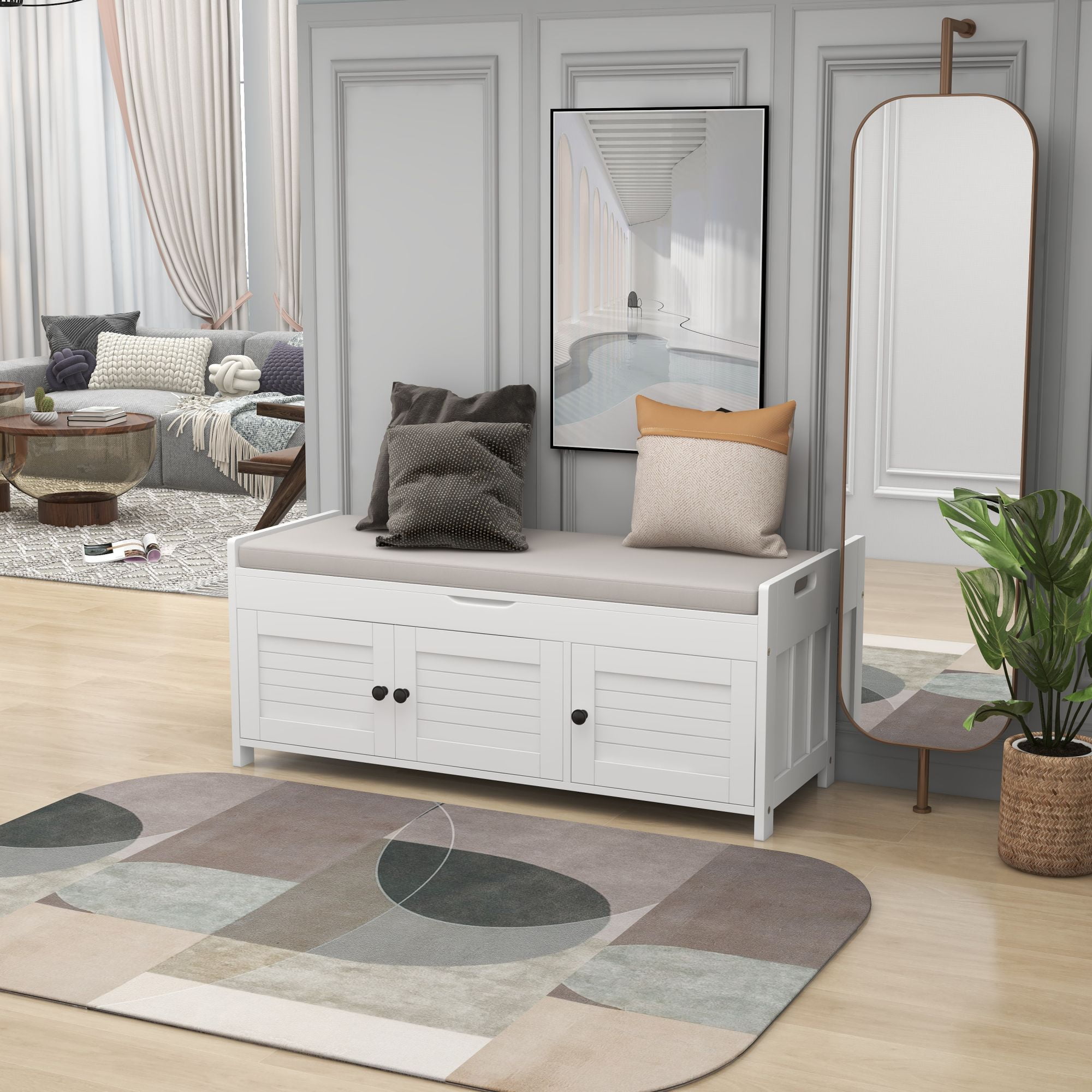 Knubmt 3 Doors Storage Bench with Removable Cushion, Wood Shoes Storage ...