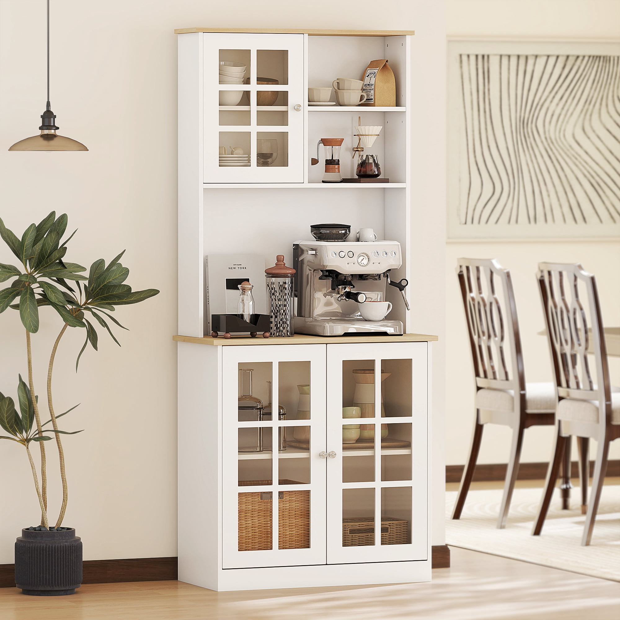 Knubmt 3 Glass Doors Kitchen Pantry Storage Cabinet with Countertop and ...
