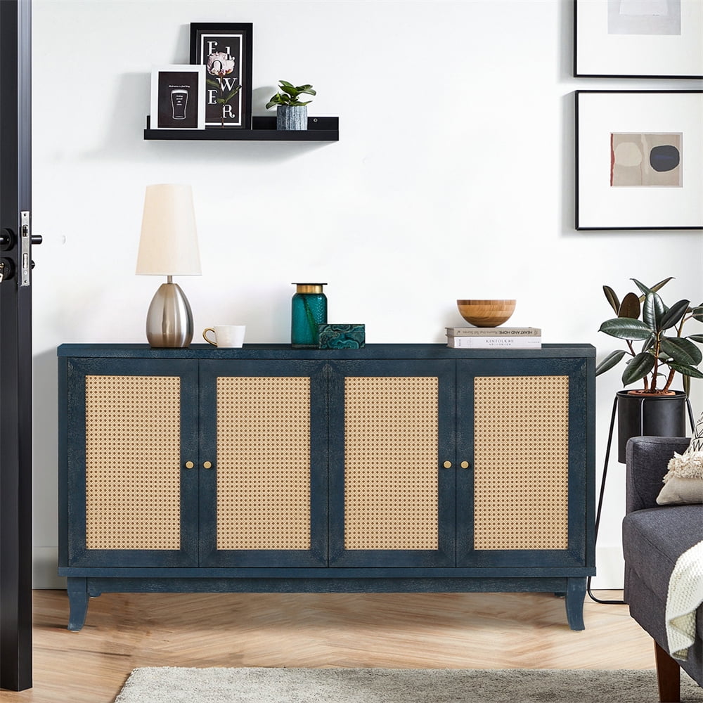 Knubmt 4 Doors Rattan Sideboard Buffer Storage Cabinet with Shelves ...