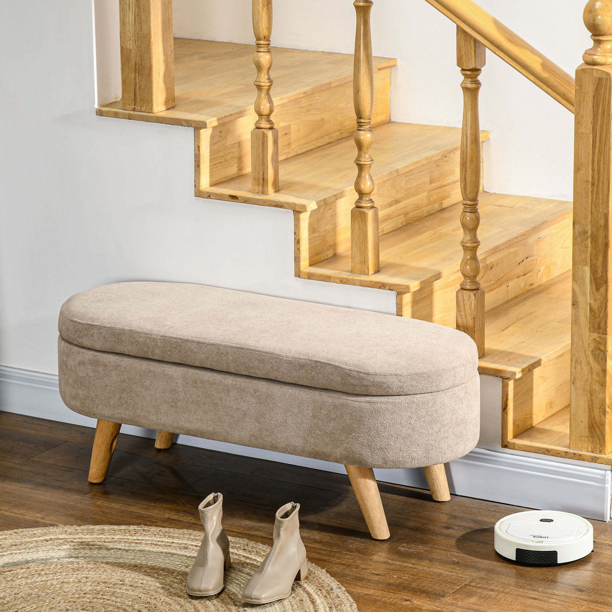 Knubmt 43.3" Oval Padded Seat Storage Bench with Wood Legs, Fleece ...
