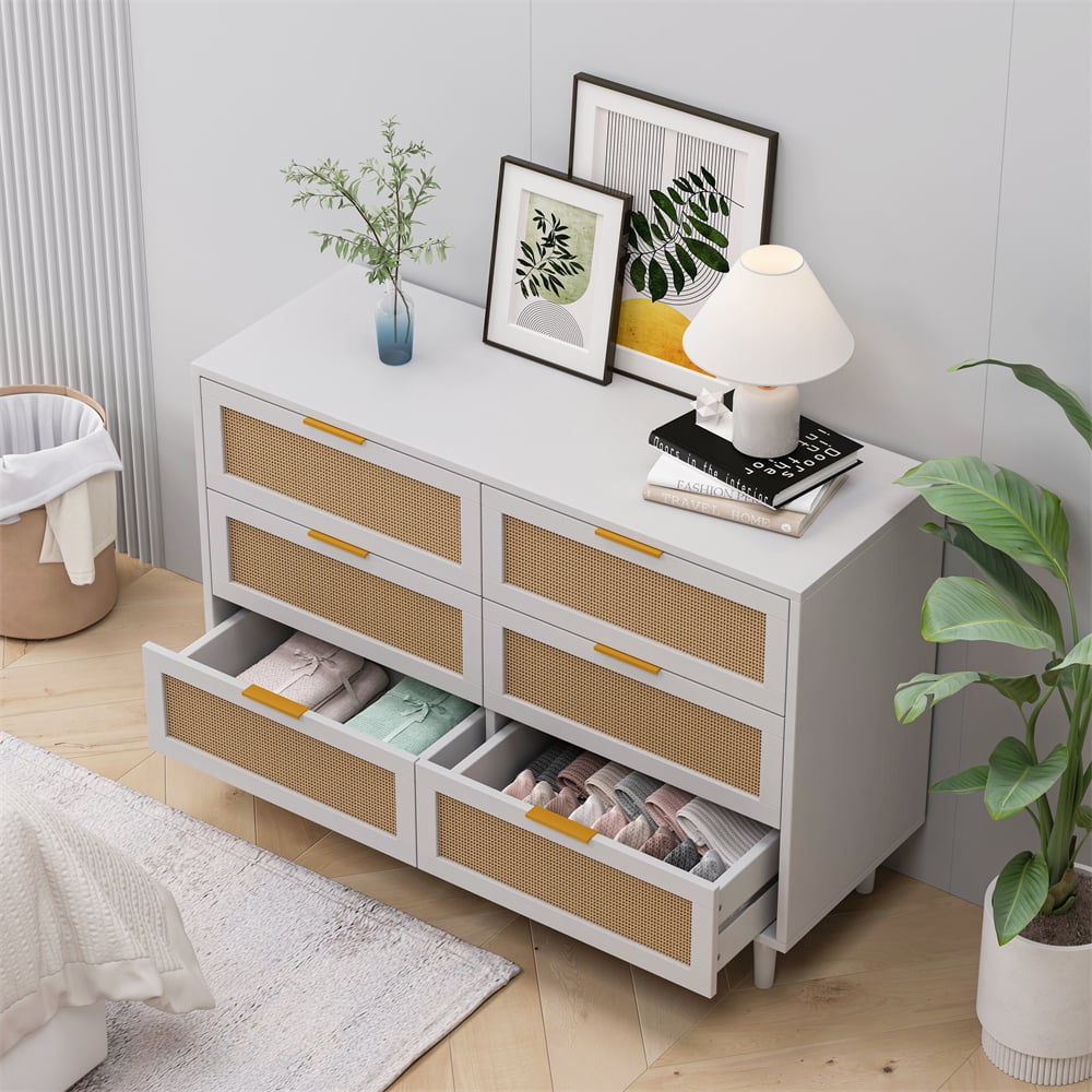 Knubmt 6 Rattan Drawers Dresser with Handle, Wood Storage Cabinet for ...