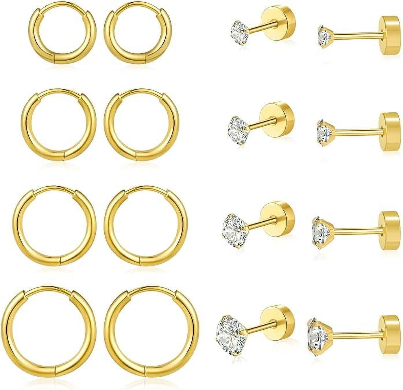 Knubmt 8 Pairs 8mm 10mm 12mm 14mm Hoop Earrings 14K Gold Plated Flat ...
