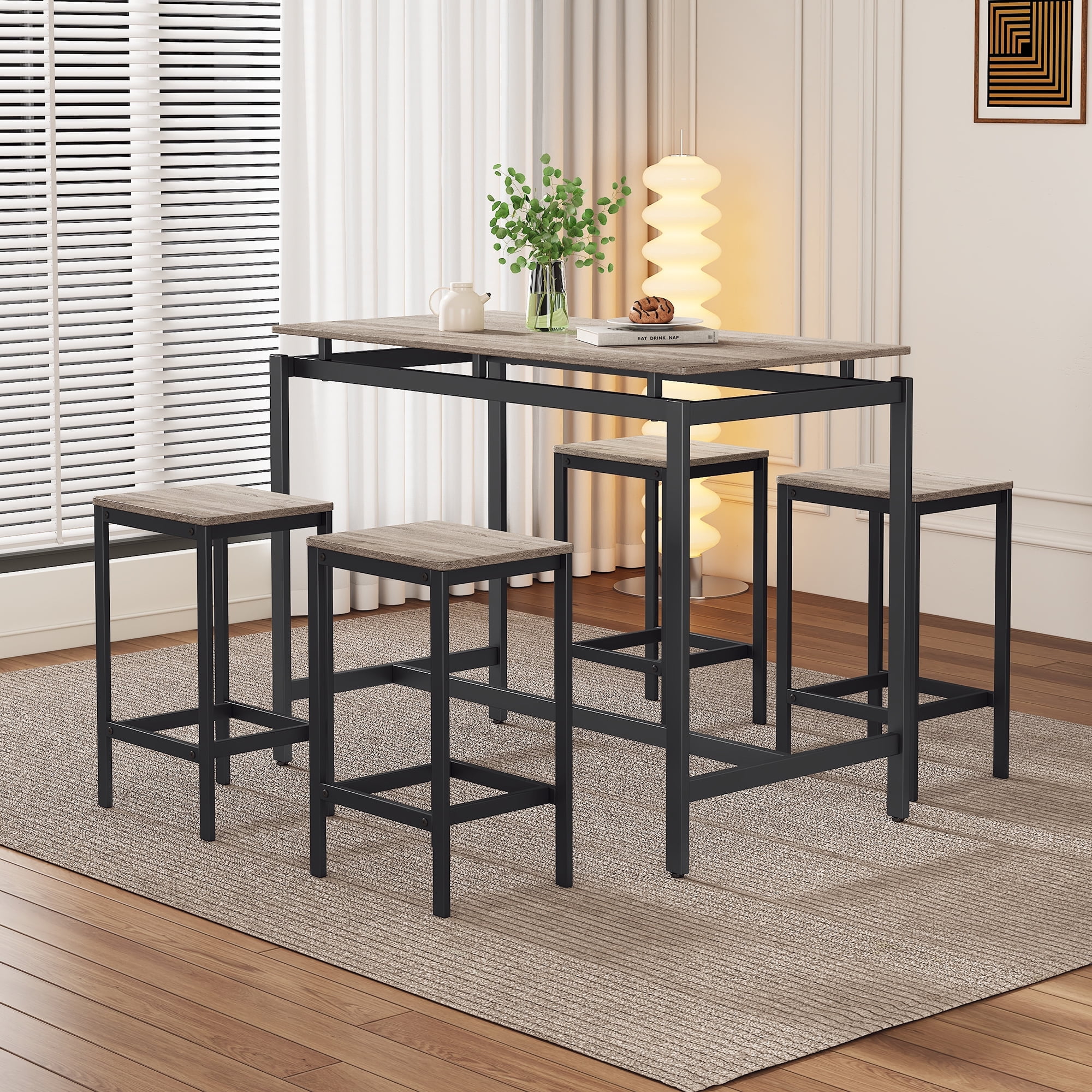 Knubmt Industrial Style Wood Top Dining Table with 4 Pack Stools, Space ...