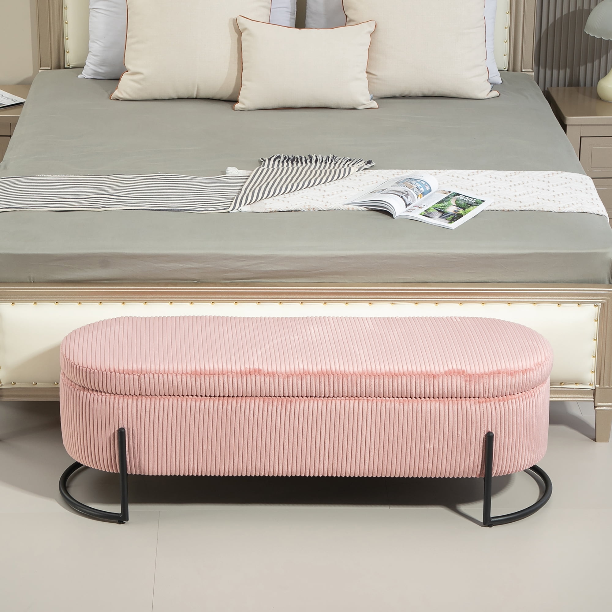 Knubmt Padded Seat Storage Bench with Safety Hinge and Metal Base ...