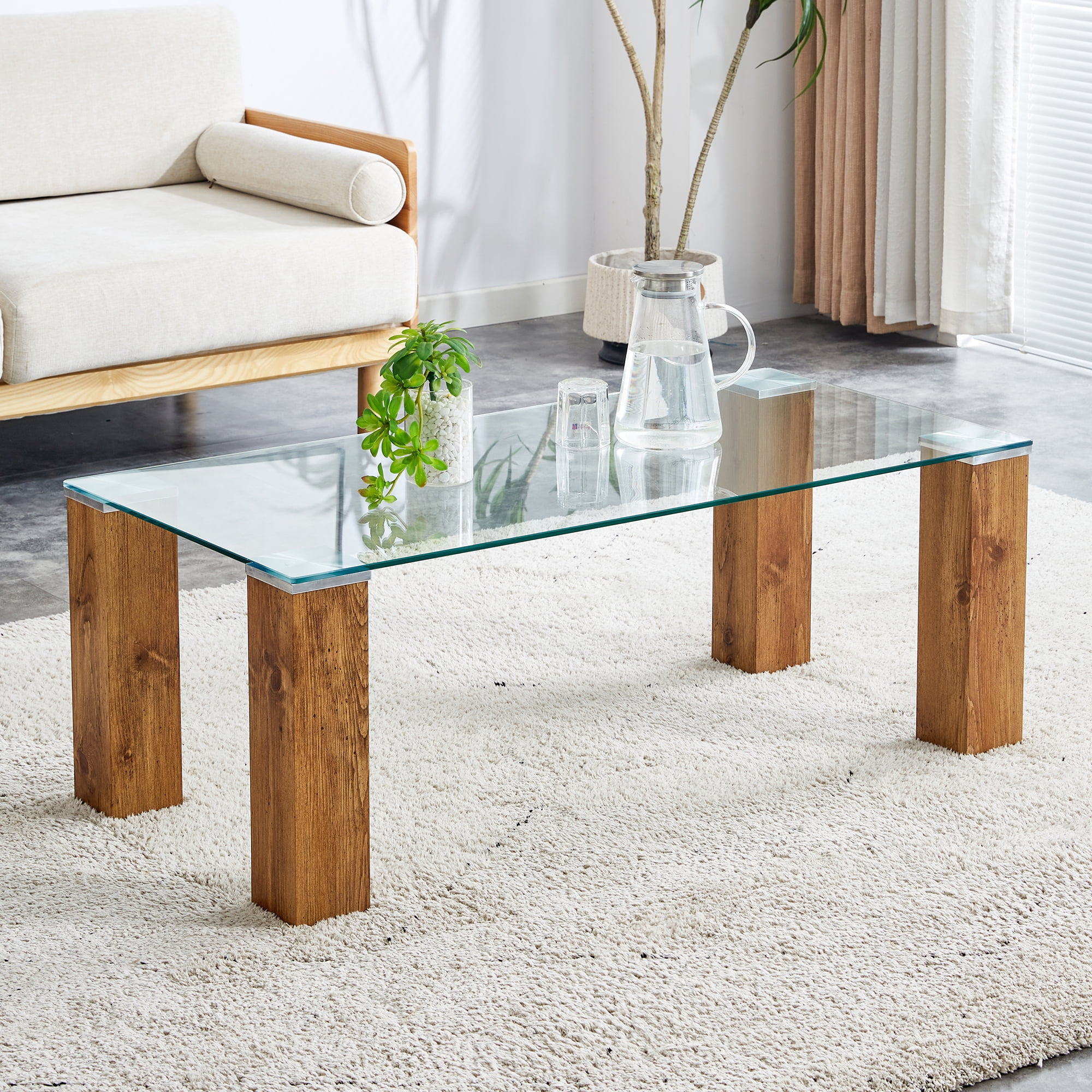 Knubmt Rectangle Center Table with Wood Legs, Tempered Glass Top Coffee ...