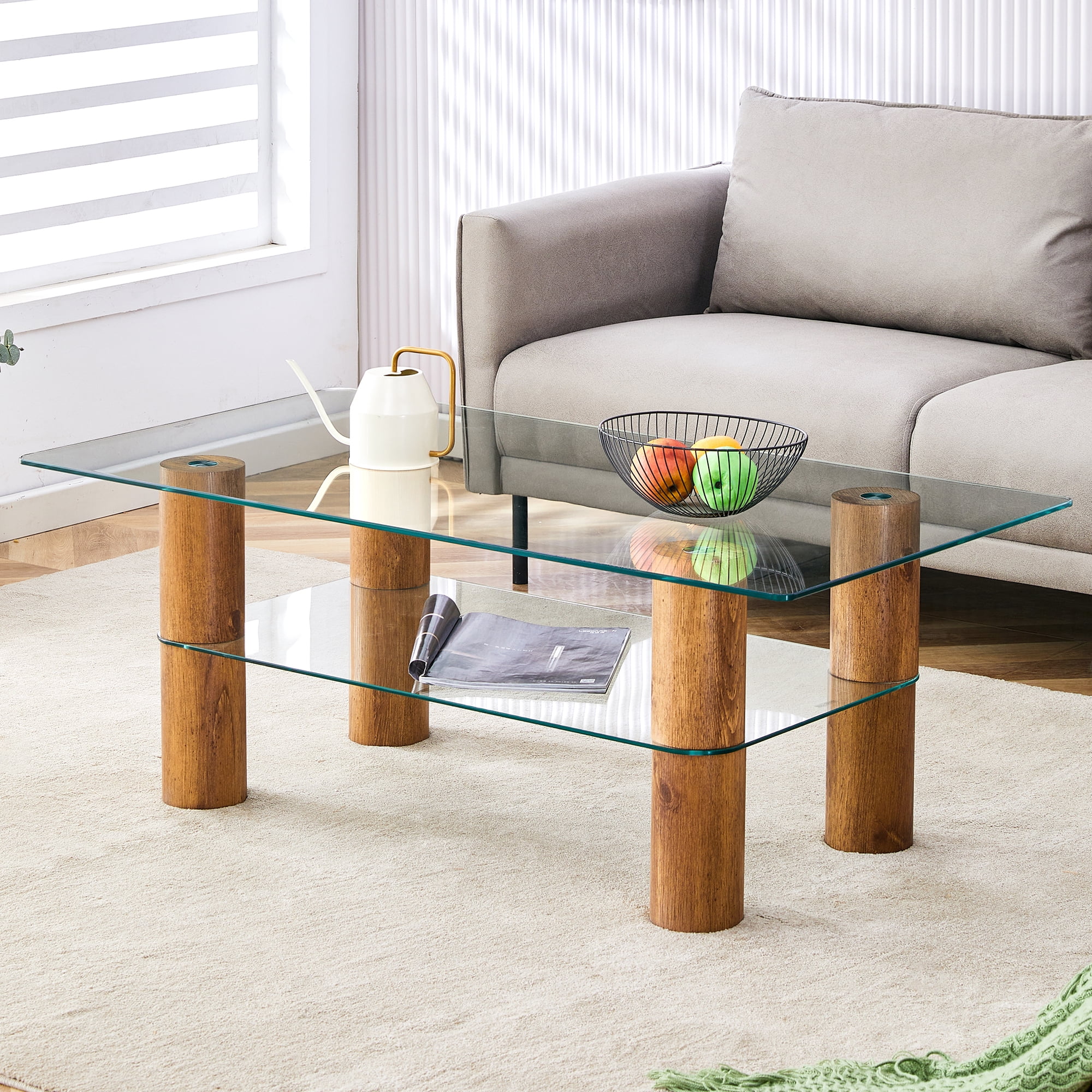 Knubmt Rectangle Tempered Glass Tabletop Coffee Table, 2 Layered Center ...