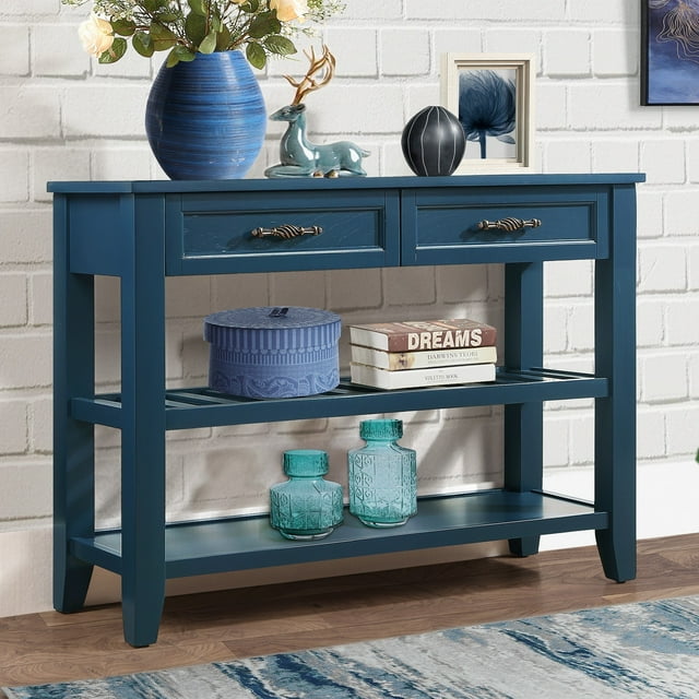 Knubmt Solid Wood Top Console Table with 2 Drawers and 2 Open Shelves ...