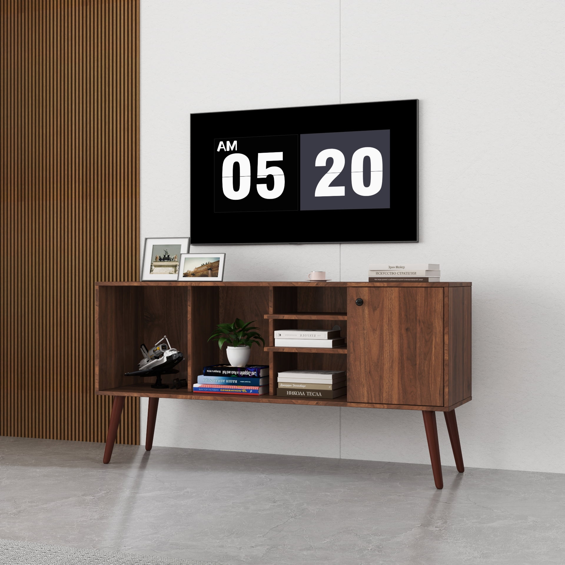 Knubmt TV Cabinet for TVs up to 54", Media Console with 1 Door and 5 Open Shelves, TV Stand for ...