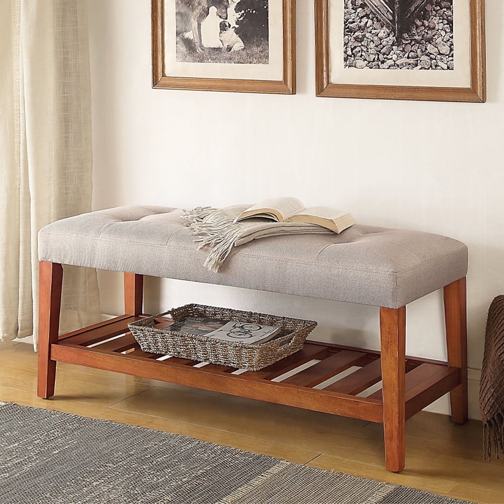 Knubmt Upholstered Fabric Bench with Open Storage Shelf, Wood Frame ...