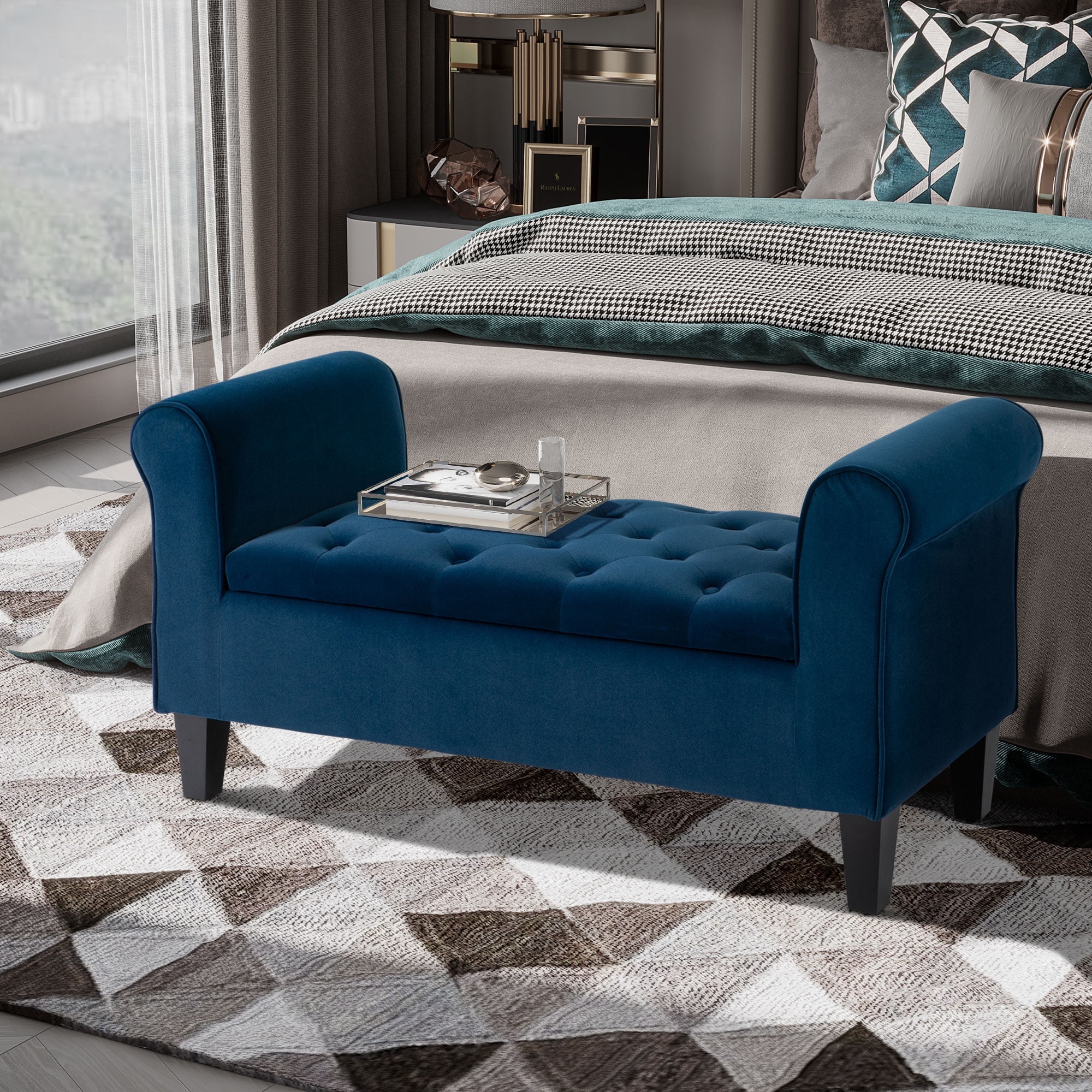 Knubmt Upholstered Storage Ottoman Footstool with Armrests and Wood ...