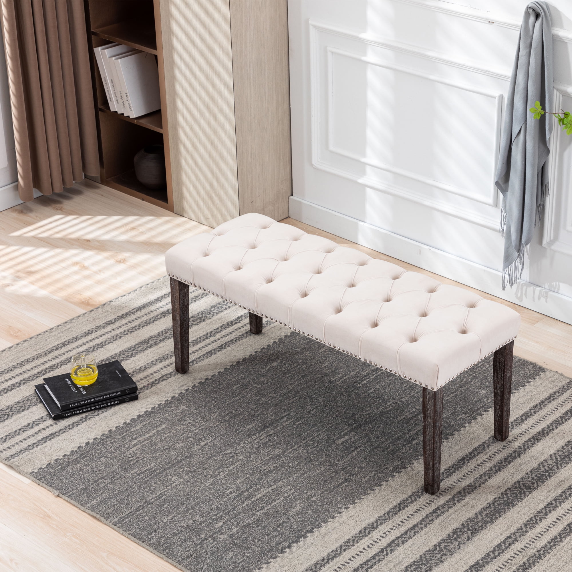 Knubmt Velvet Dining Bench with Wood Legs, Upholstered Footrest Stool ...