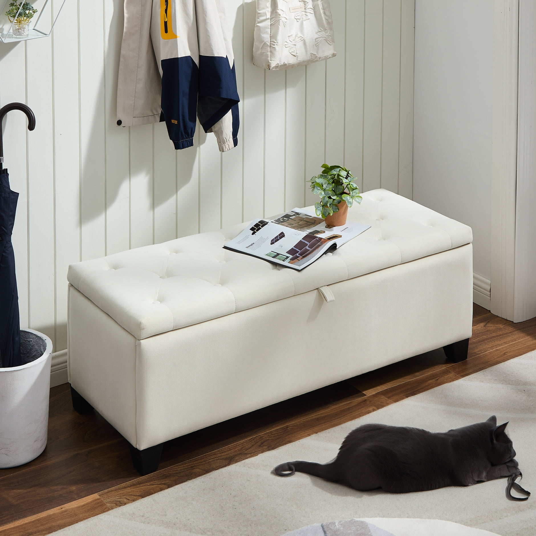 Knubmt Velvet Storage Bench with Wood Legs, Upholstered Footstool ...