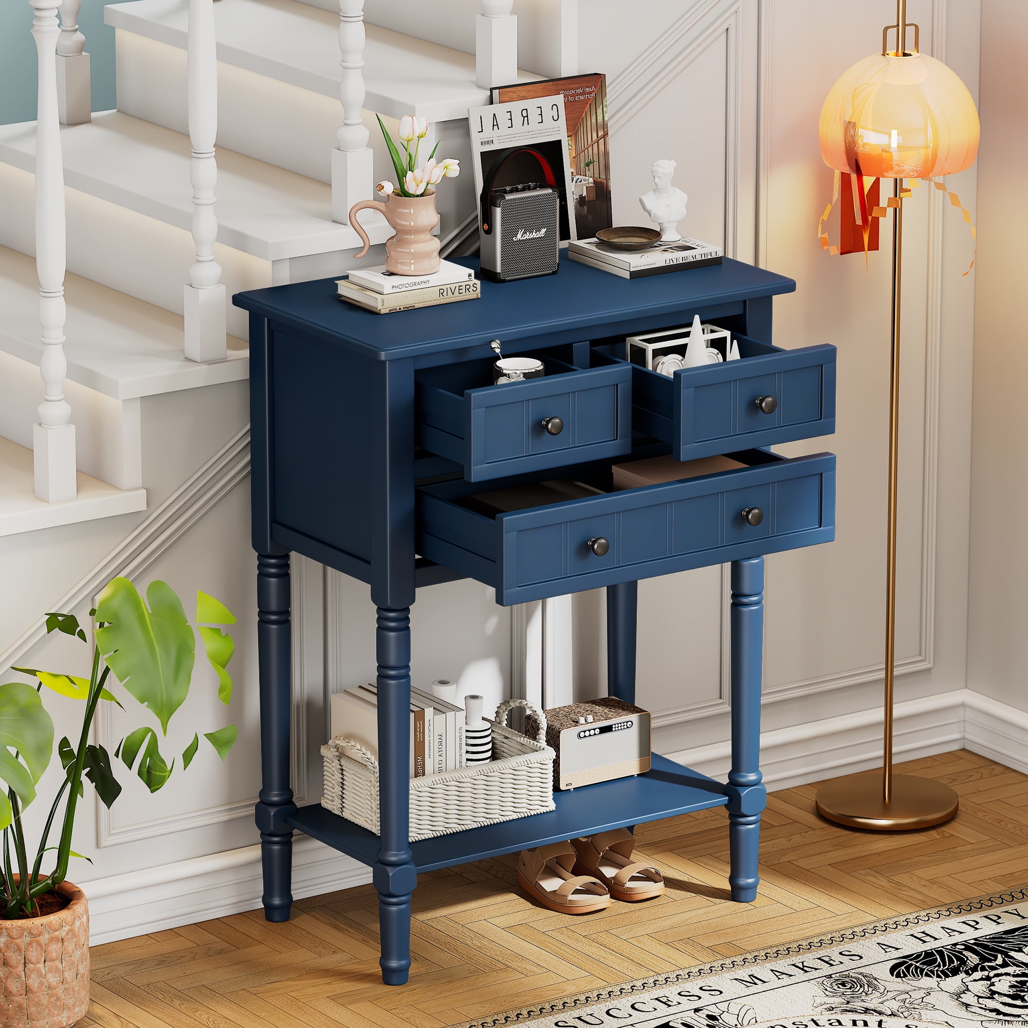 Knubmt Wood Console Table with 3 Storage Drawers and Bottom Shelf ...
