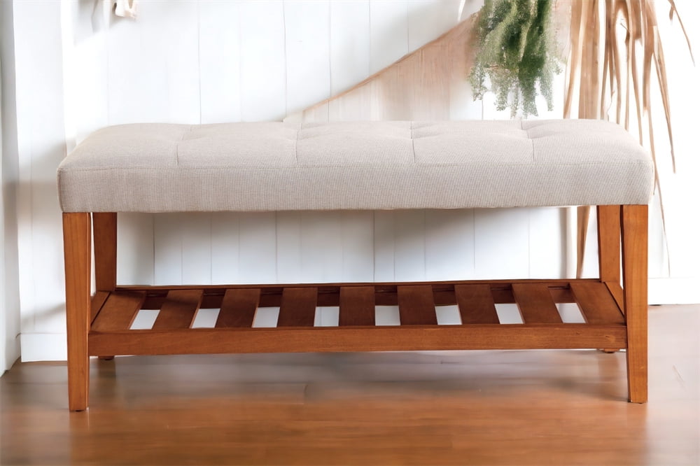 Knubmt Wood Frame Padded Seat Bench with Bottom Shelf, Upholstered ...
