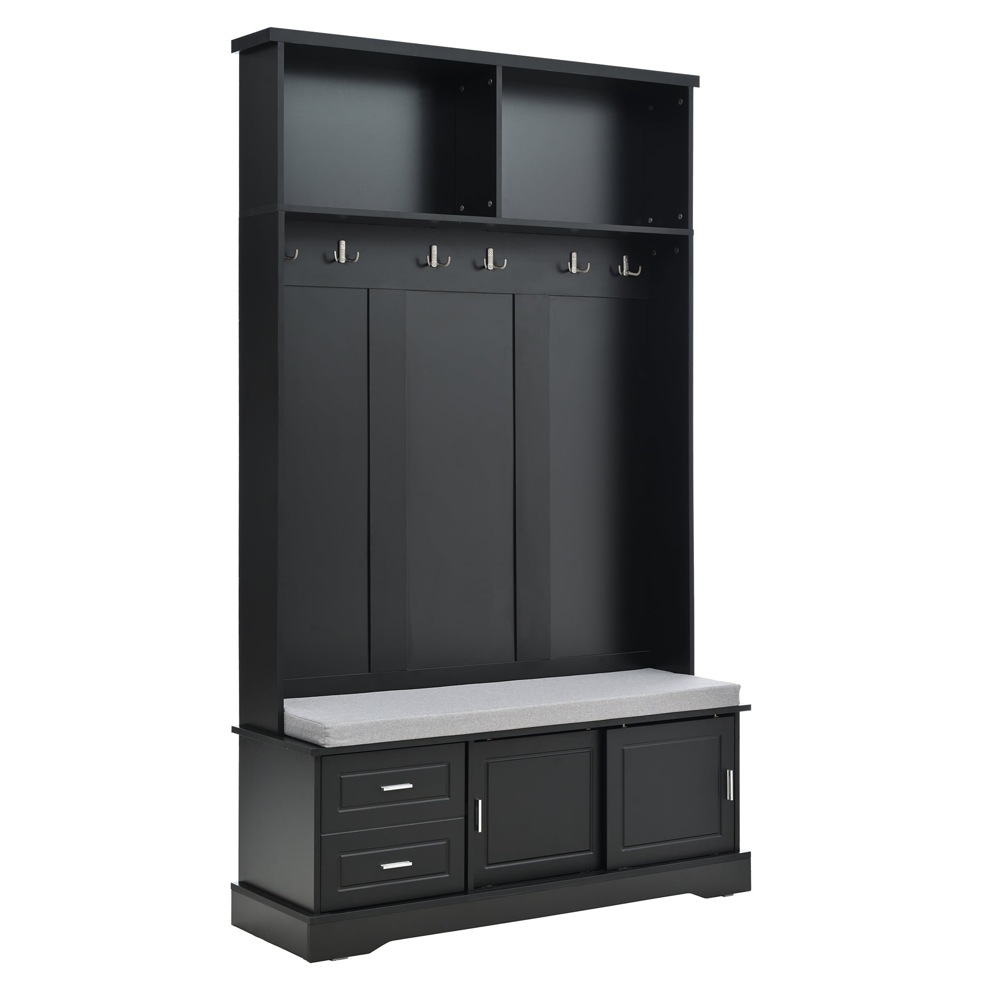 Knubmt Wood Hall Tree with Doors, Coat Rack with 6 Hooks & Handles ...