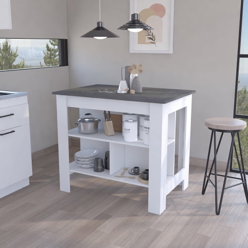 Knubmt Wood Kitchen Island with 3 Shelves, Wood Top Counter Height ...