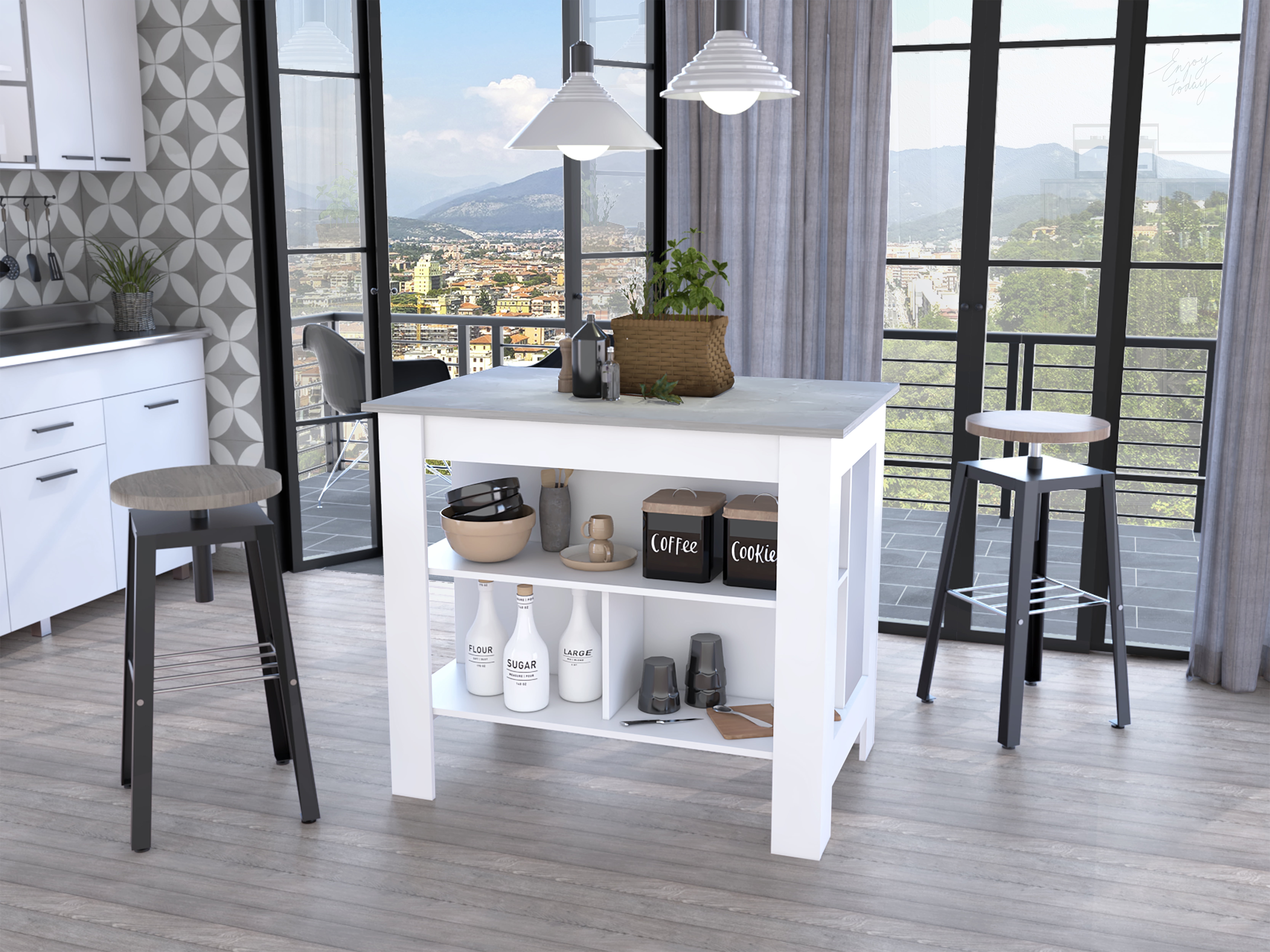 Knubmt Wood Kitchen Island with 3 Shelves, Wood Top Counter Height ...