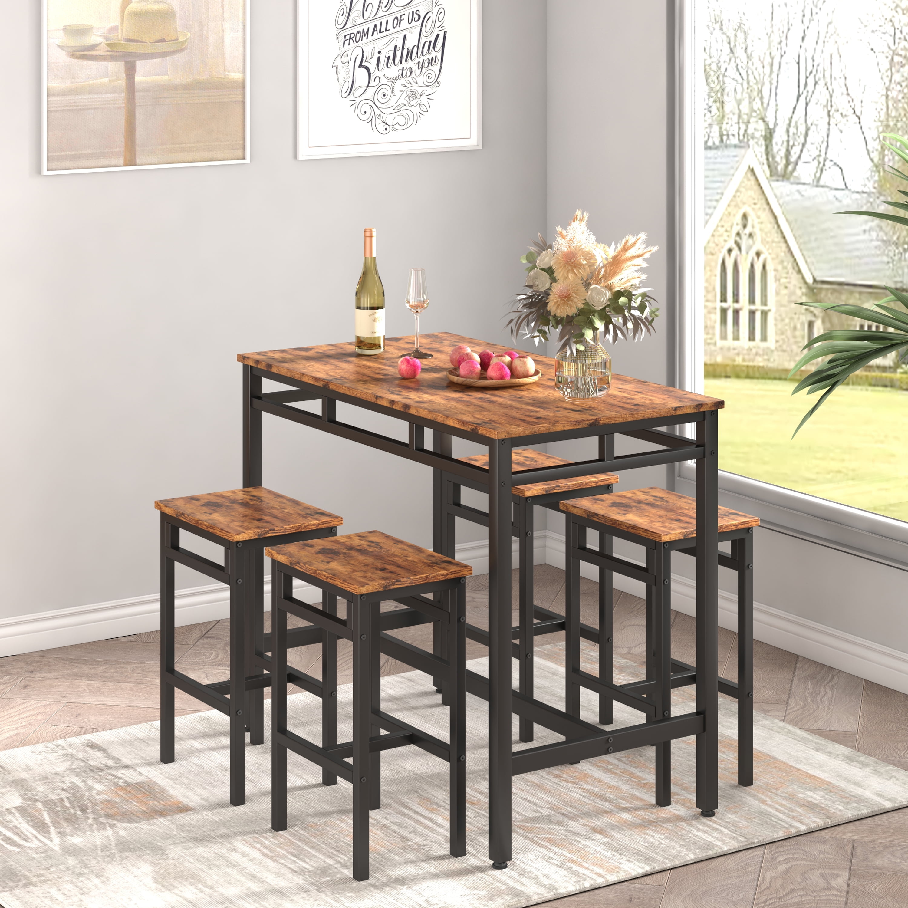 Knubmt Wood Tabletop Bar Table Set with 4 Pack High Stools, Metal Frame ...