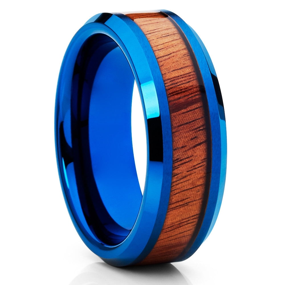 Koa Wood Wedding Ring,8mm Wedding Ring,Blue Tungsten Ring,Engagement ...