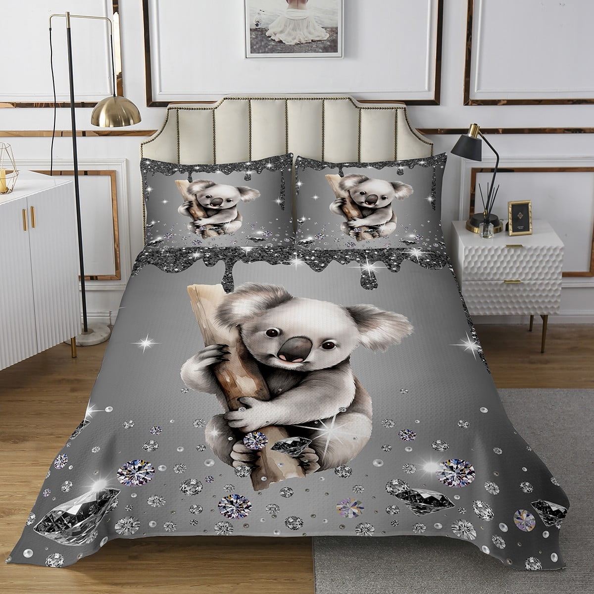 Koala Bedspread Set Grey Sequin Fluid Art Quilt Set Twin,Crystal ...