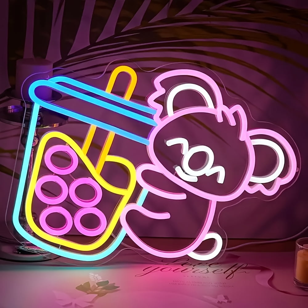 Koala Bubble Tea Neon Sign - USB-Powered Wall Art For Coffee Bars ...