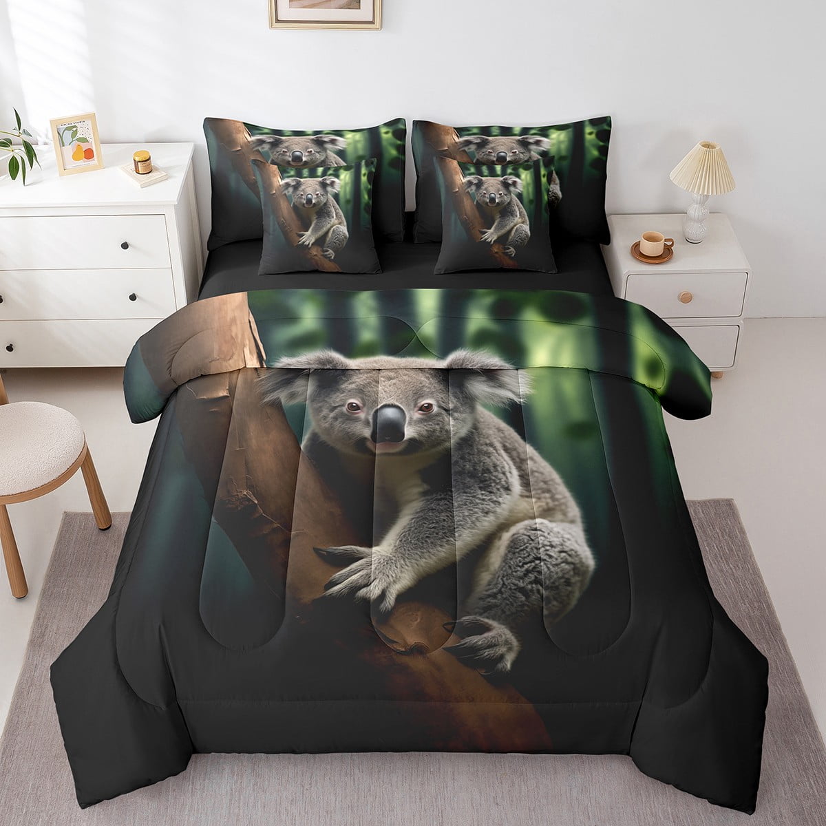Koala Comforter Set Queen Size,3D Realistic Animal Bed in a Bag Teens,Animal Botanical Trees Bed ...