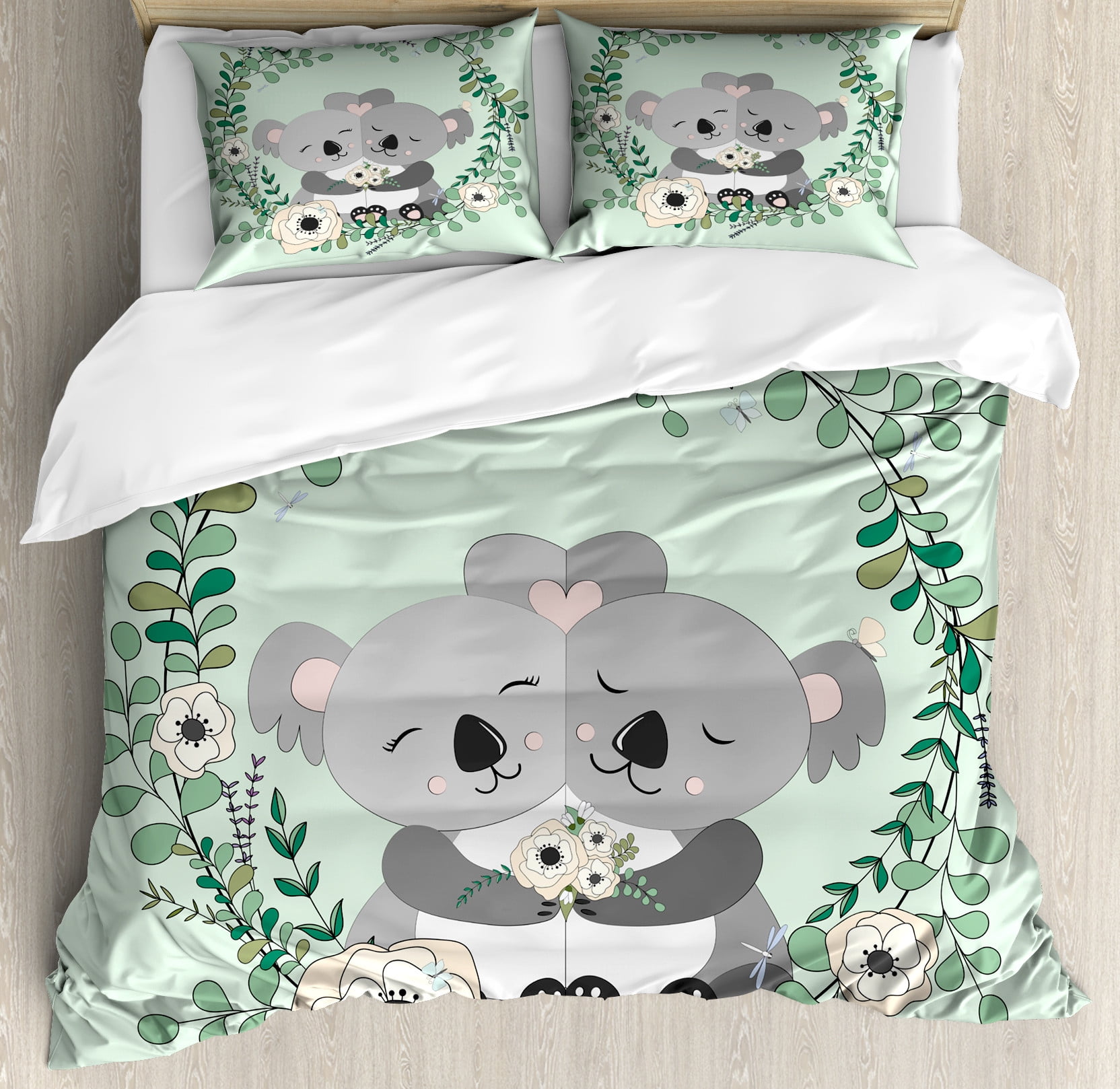 Koala Duvet Cover Set, Koalas Hugging with Eucalyptus and Flower Wreath ...