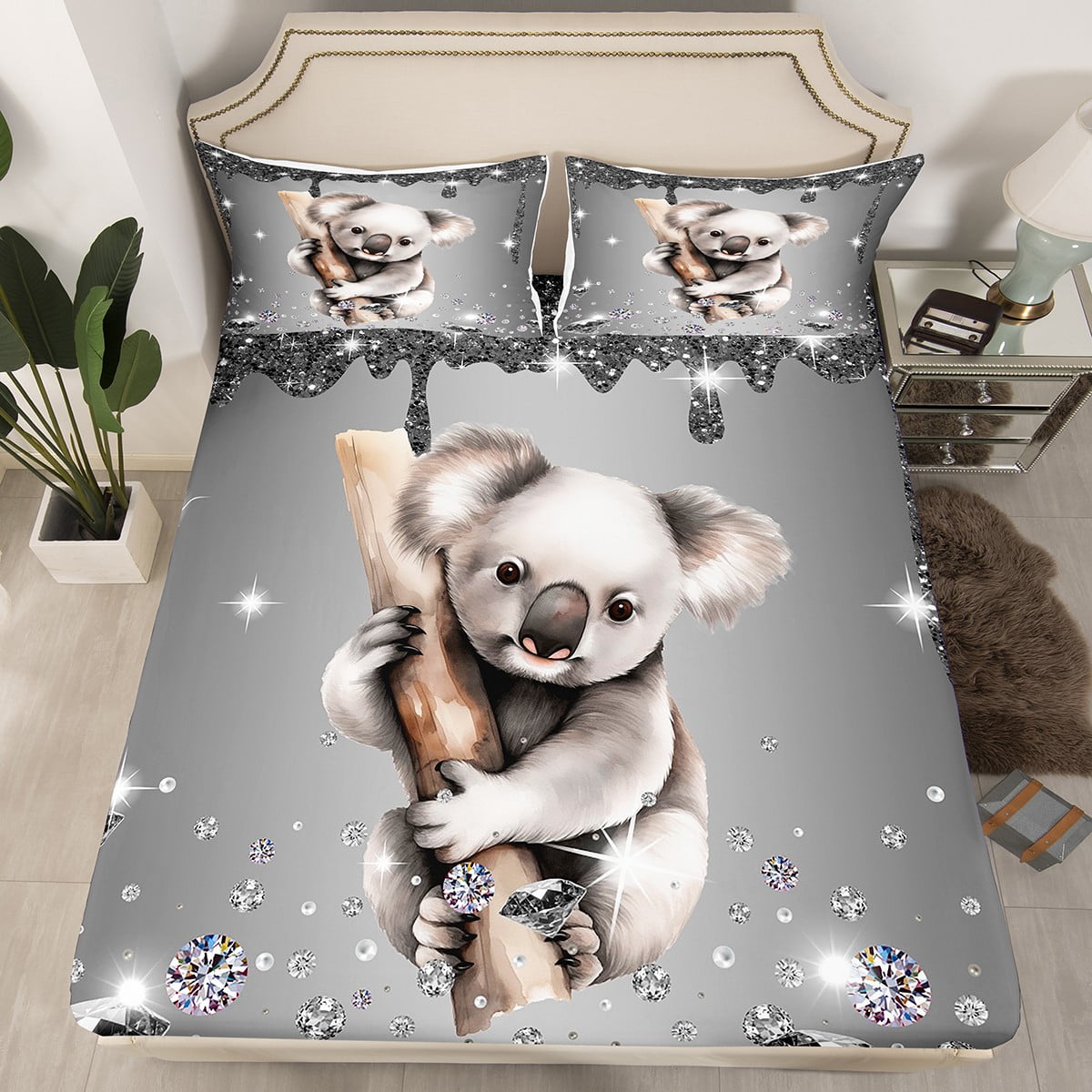Koala Fitted Sheet Grey Sequin Fluid Art Bed Sheets Queen Size Bed Set ...
