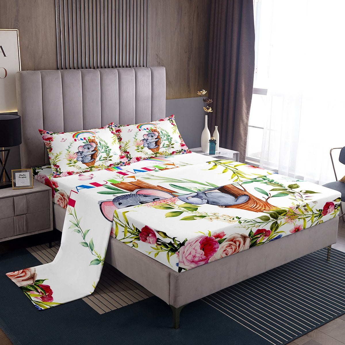 Koala Fitted Sheet ,Cute Rainbow Cartoon Grey Koala Bed Sheets Kawaii ...