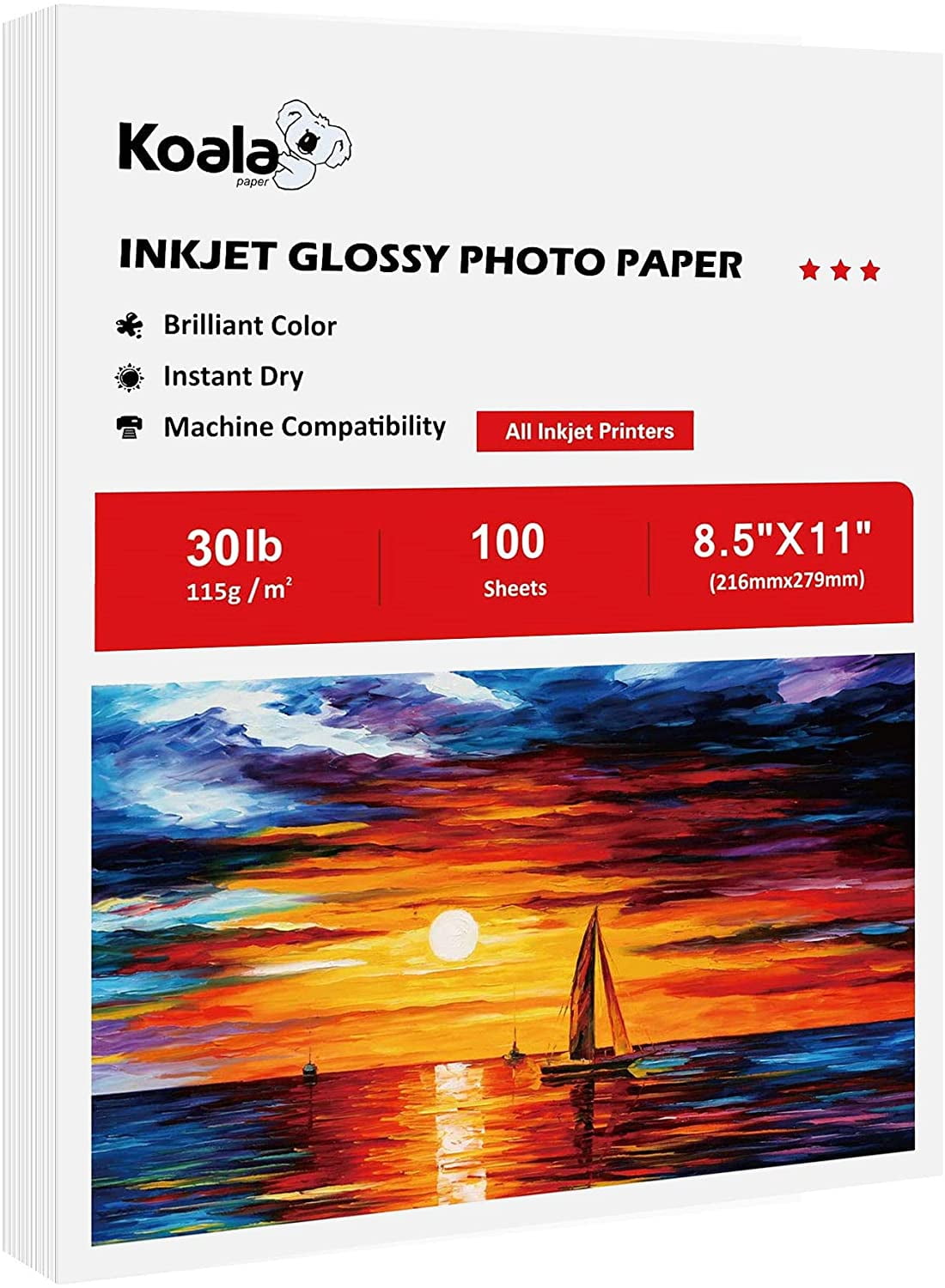 Koala Glossy Printer Paper Letter Size 8.5x11 30lb 100 Sheets for Brochure, Picture Quality ...
