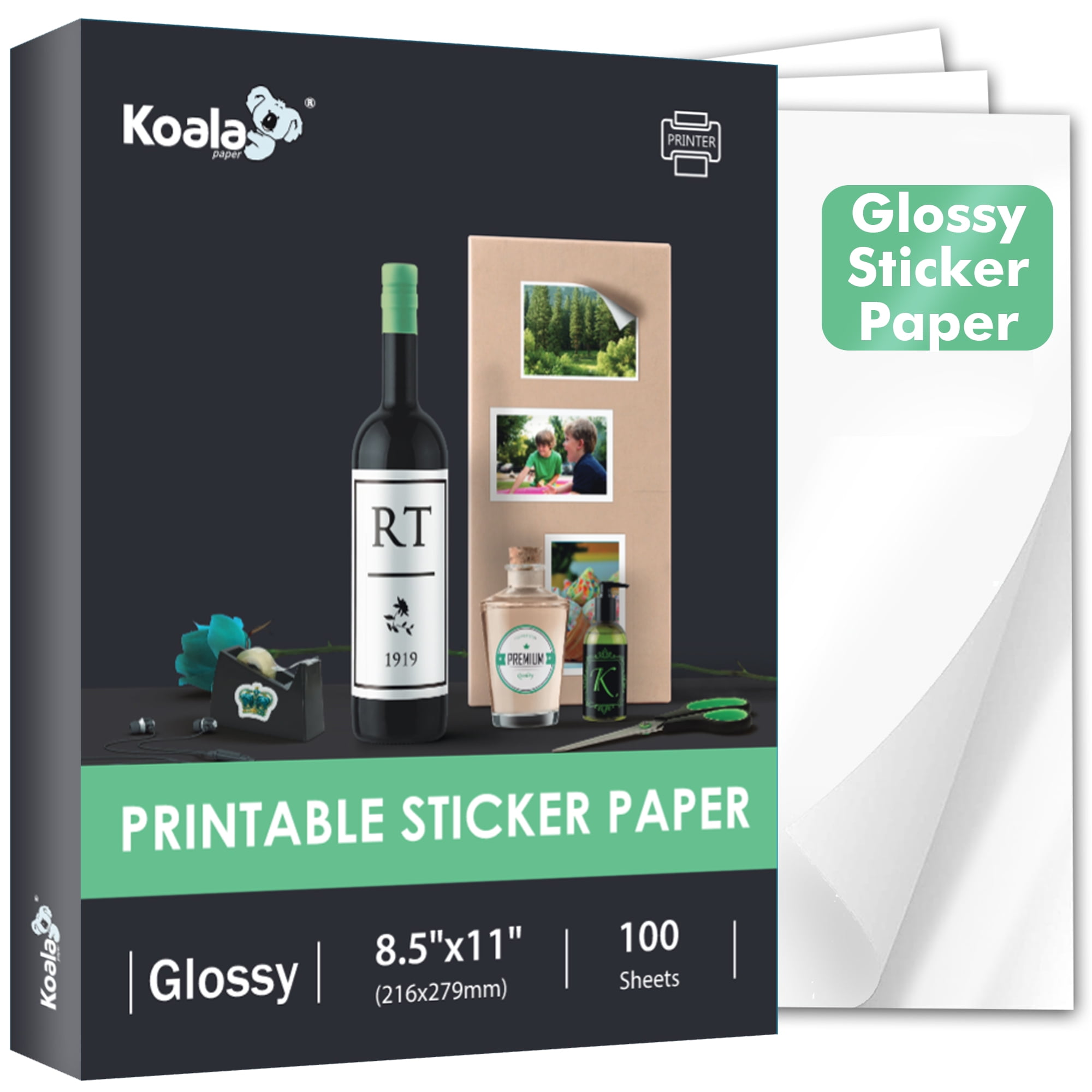 Koala Glossy Sticker Paper 8.5x11, LaserJet & InkJet Compatible, 100 ...
