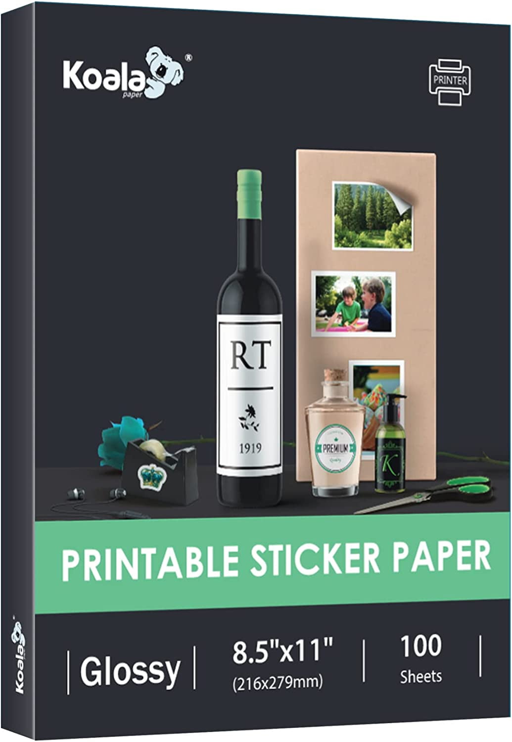 Koala Glossy Sticker Paper for Inkjet & Laser Printer, Printable Photo Paper, 100 Sheets 8.5x11 ...