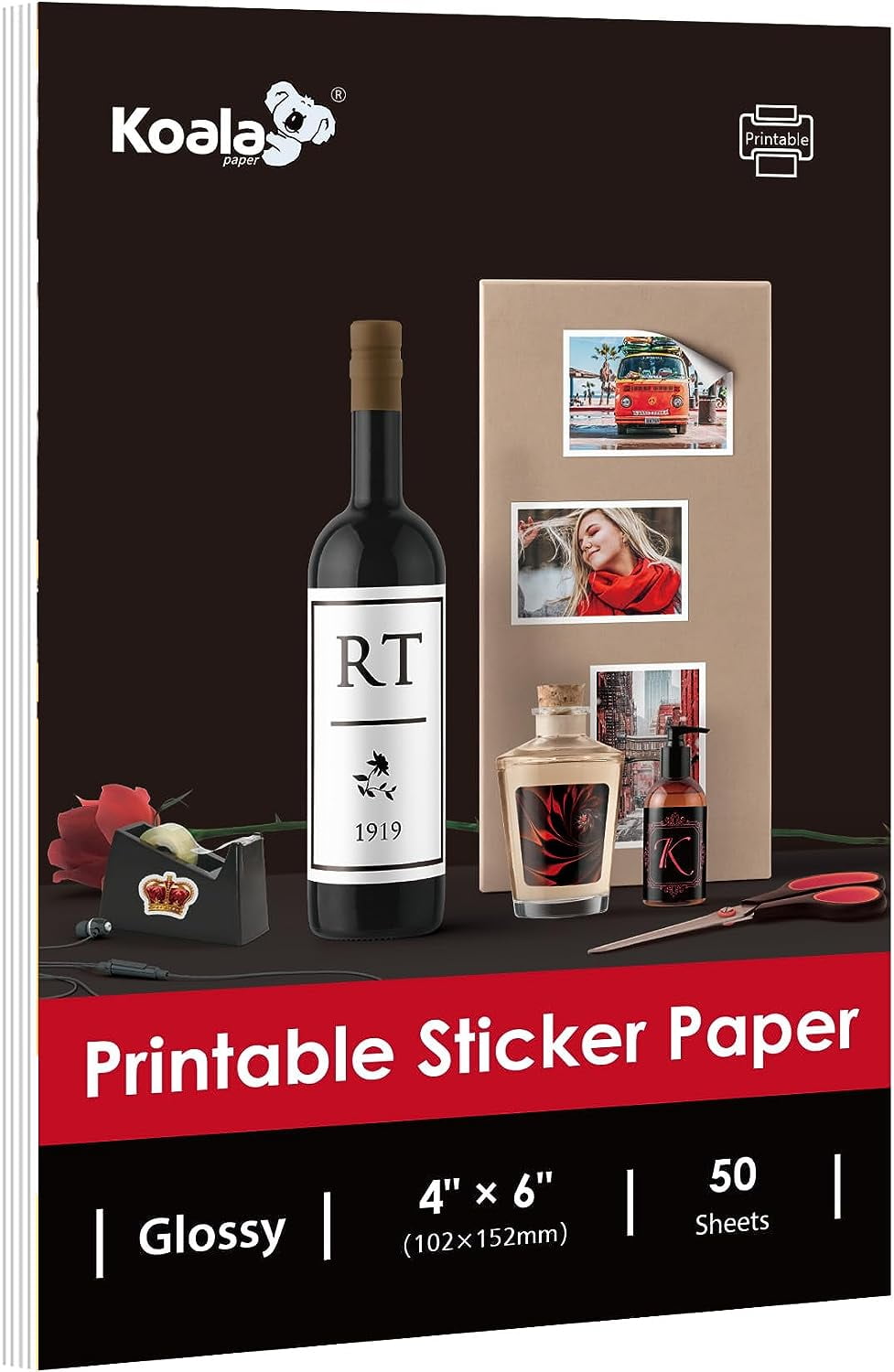 Koala Glossy Sticker Paper for Inkjet Printer, White Adhesive Photo Paper 4x6 In, 50 Sheets ...