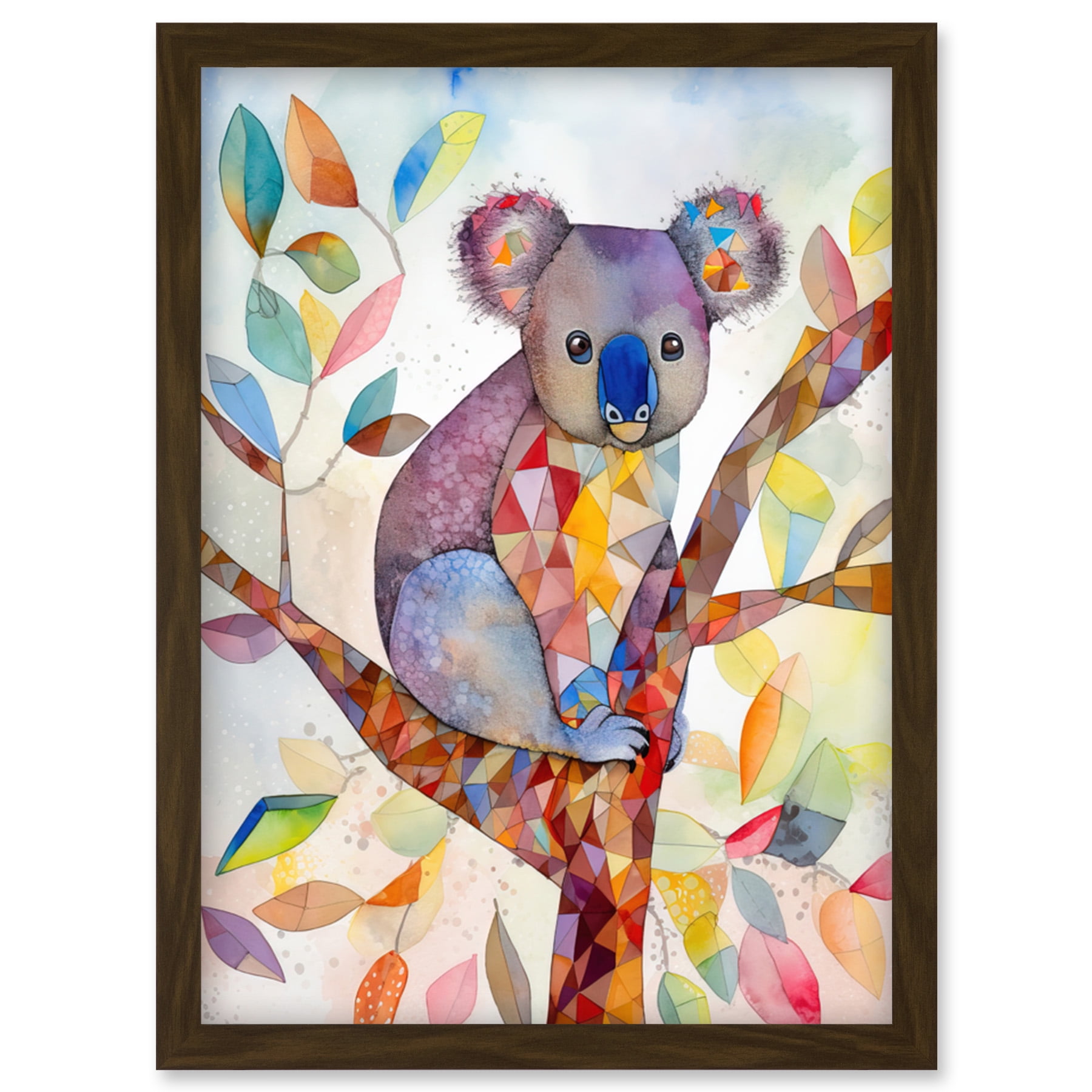 Koala On Tree With Multicolour Polygon Pattern Folk Art Watercolour ...